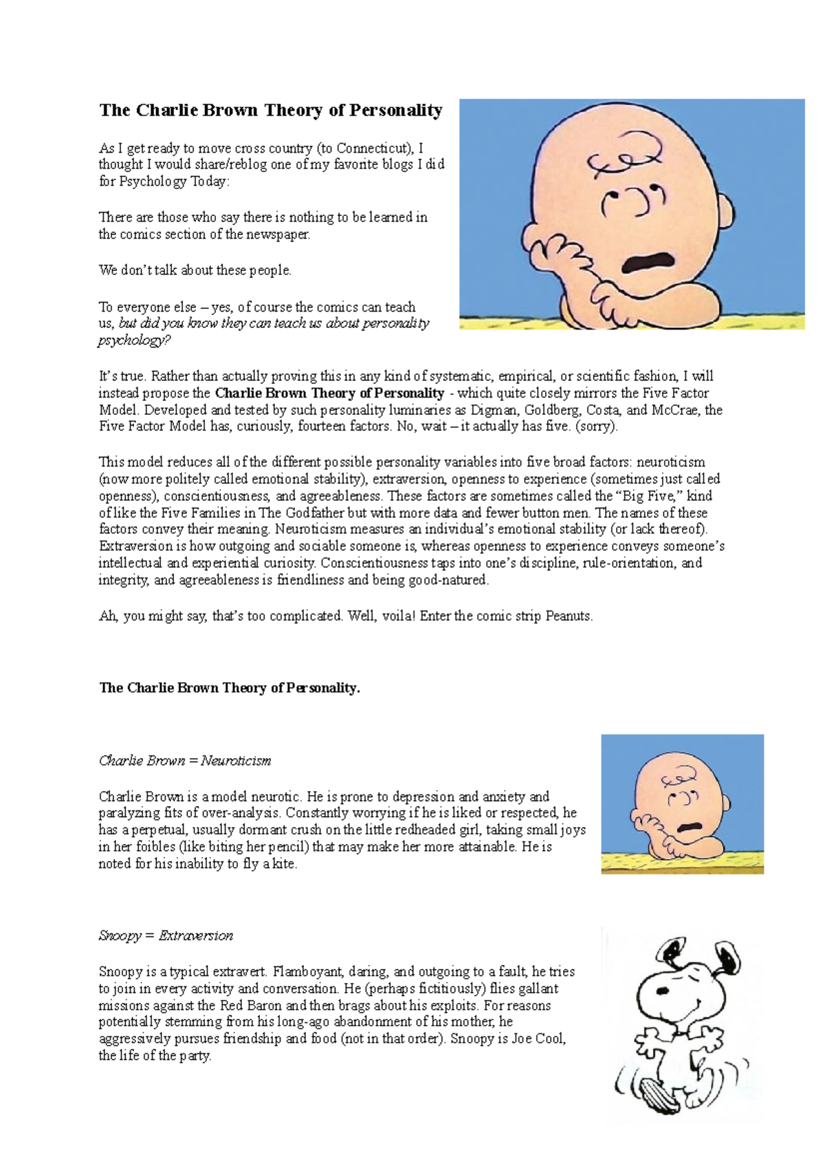 Charlie Brown-Big Five - The Charlie Brown Theory of Personality As I ...