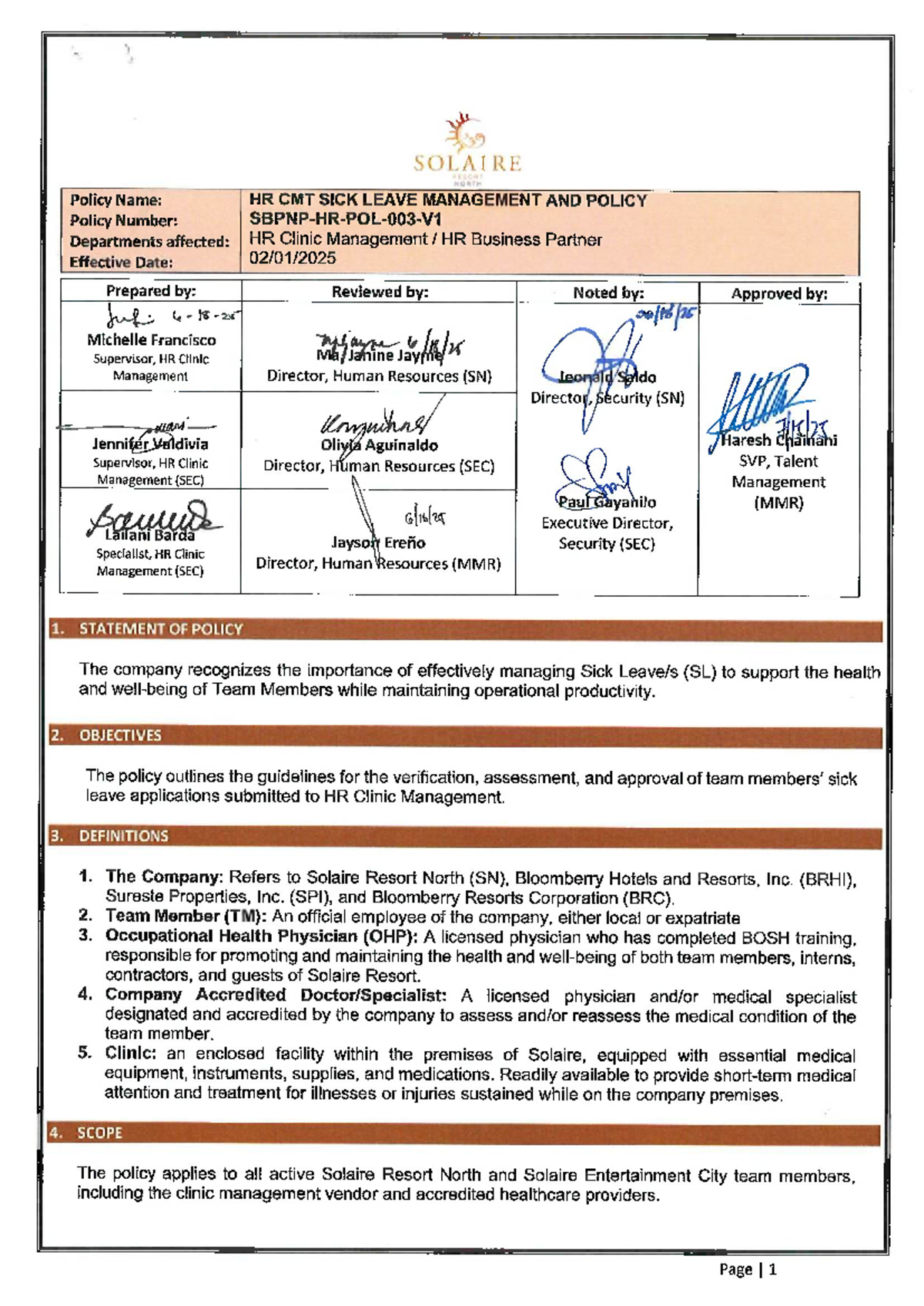 SOLAIRE RESORT NORTH HR CMT Sick Leave Management Policy - Studocu