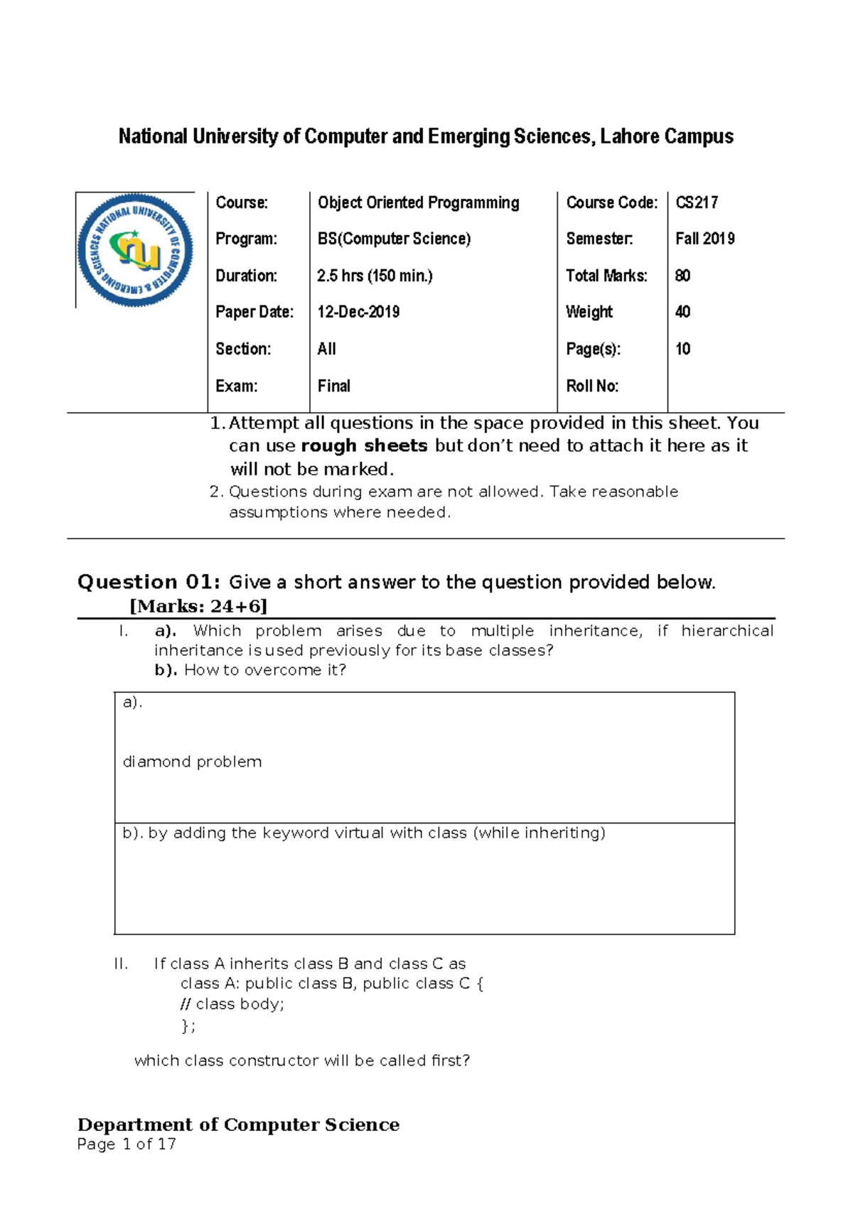 CS - Fall 2019 - Final Exam Solutions - Object Oriented Programming ...
