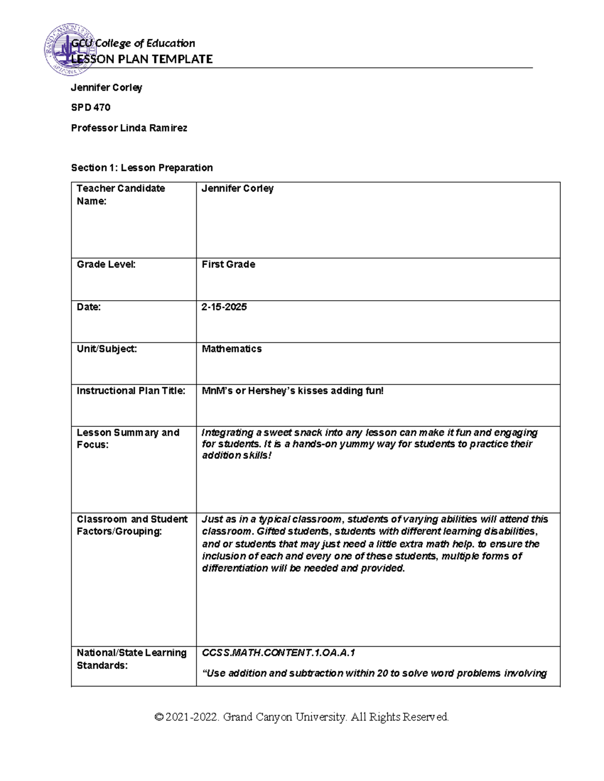 GCU SPD 470 Final Lesson Plan: Engaging First Graders in Math Fun ...