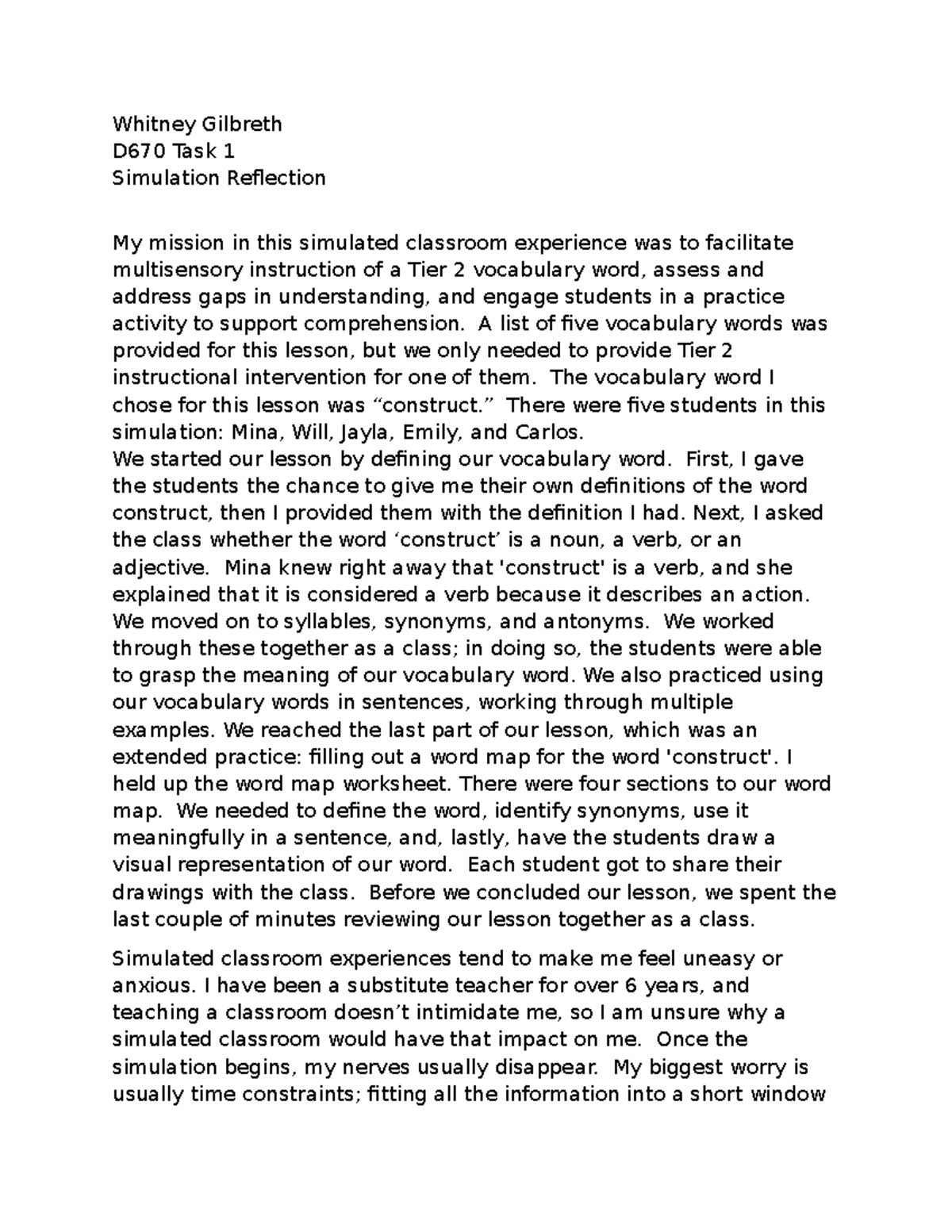 D670 Task 1: Reflection on Multisensory Vocabulary Instruction - Studocu