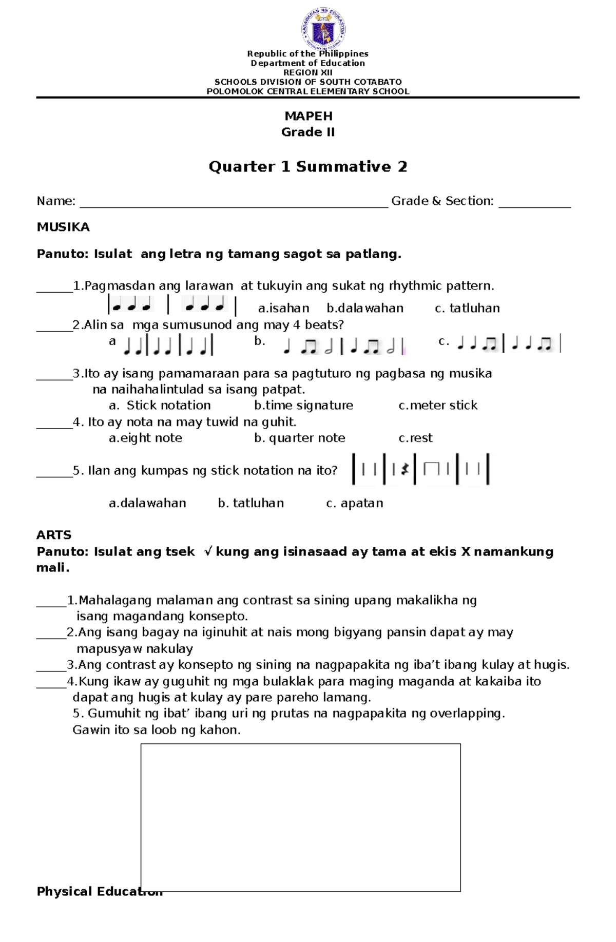 MAPEH Grade II Q1 Summative Exam 2: Musika, Sining, PE Activities - Studocu