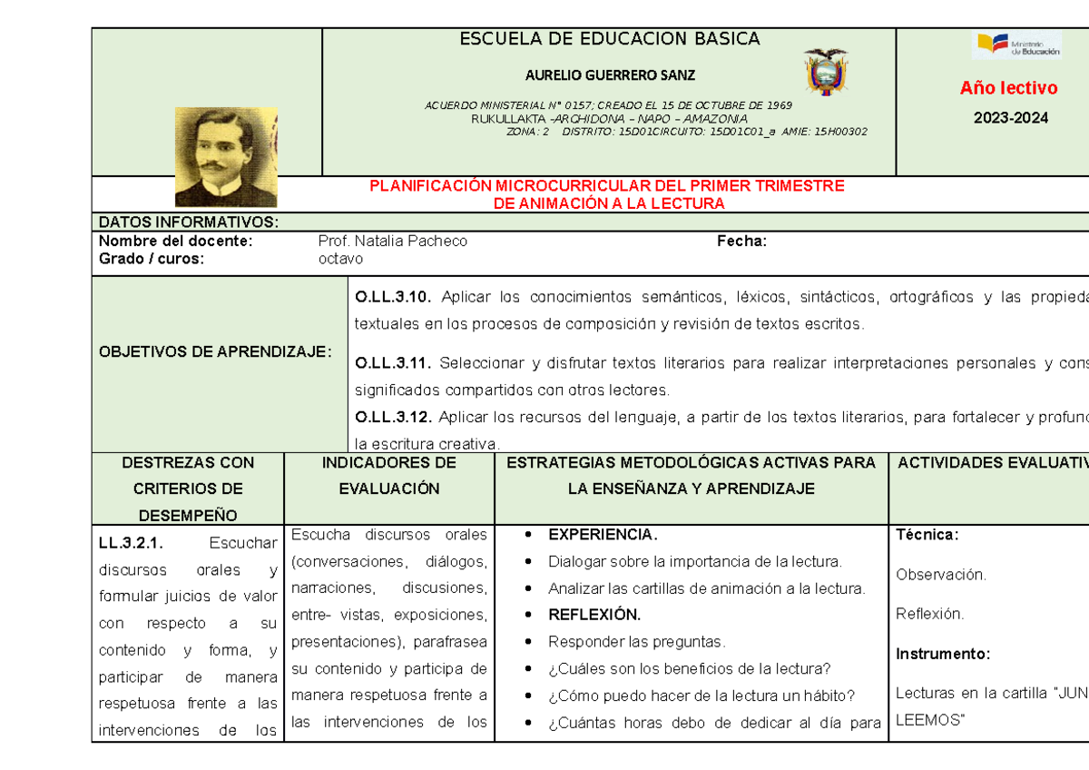Animacion Lectura 8vo 2023-2024 - ESCUELA DE EDUCACION BASICA AURELIO GUERRERO SANZ ACUERDO ...