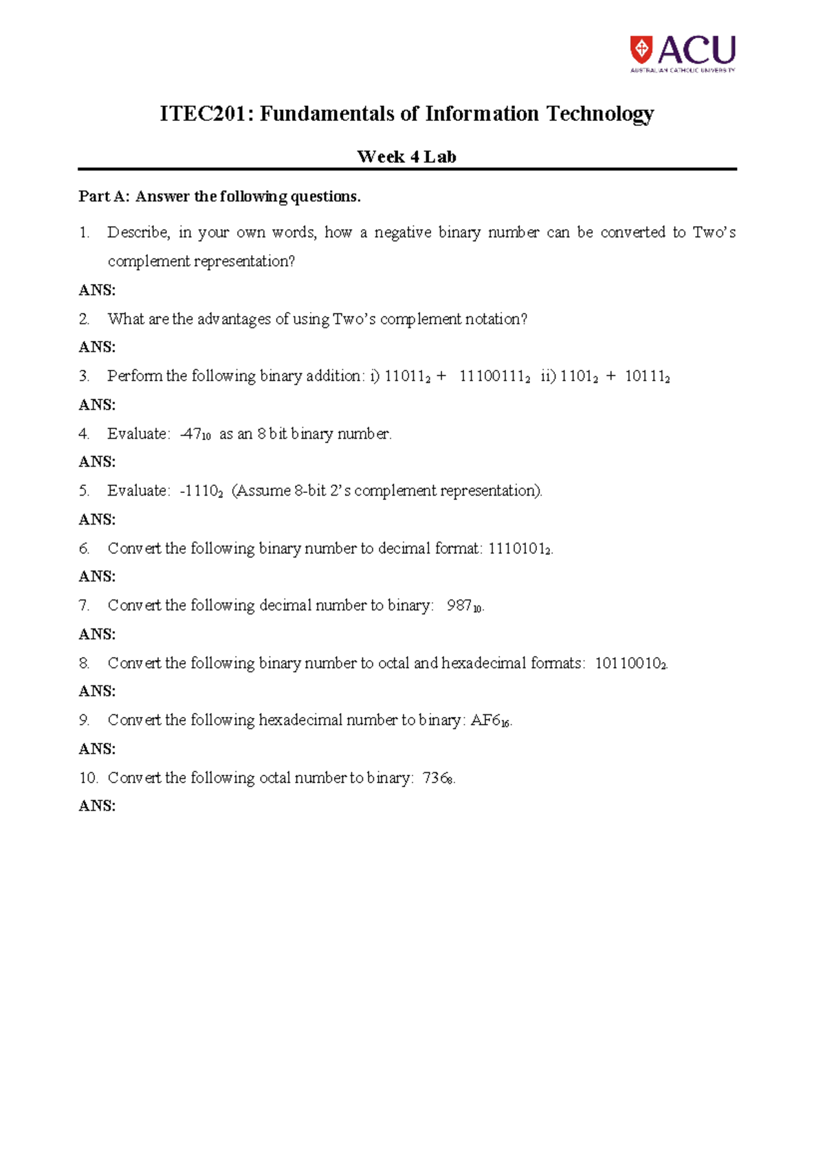 ITEC201 Week 4 Lab: Two’s Complement and Circuit Design Exercises - Studocu