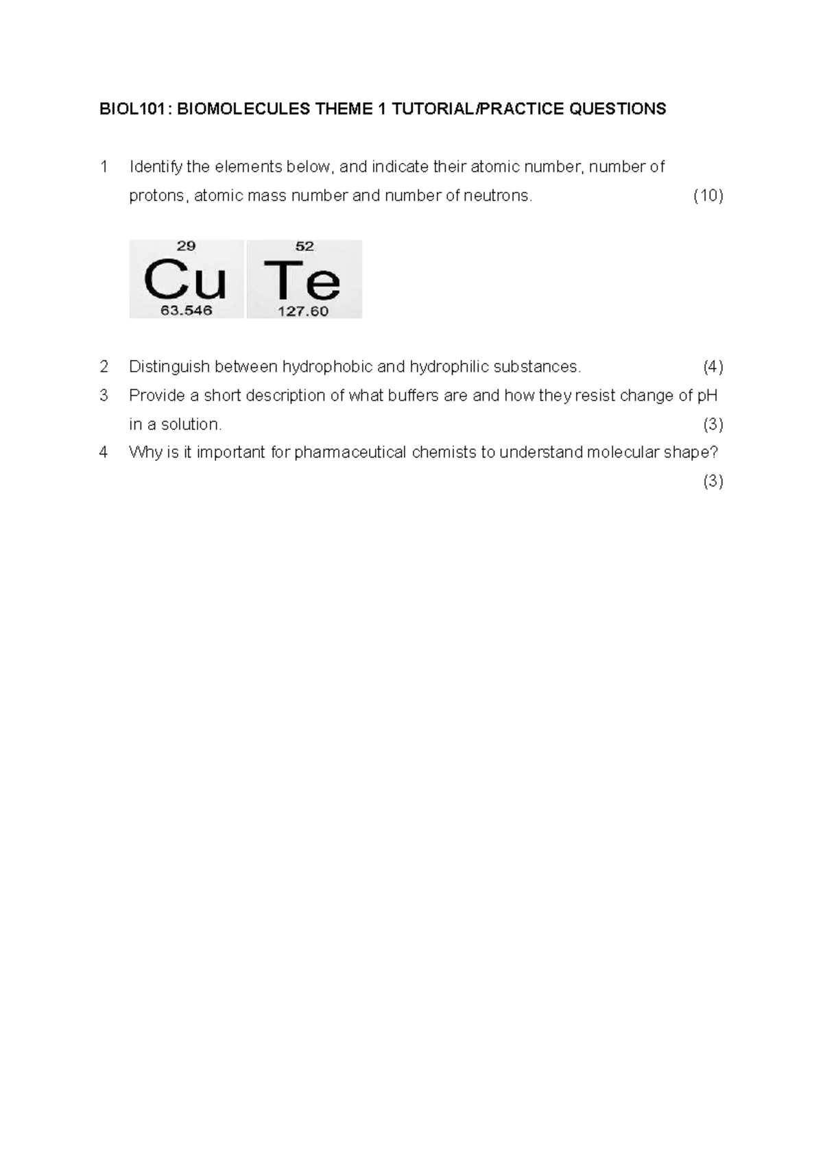 BIOL101-Biomolecules Theme 1 Tutorial - BIOL102 - BIOL101: BIOMOLECULES ...
