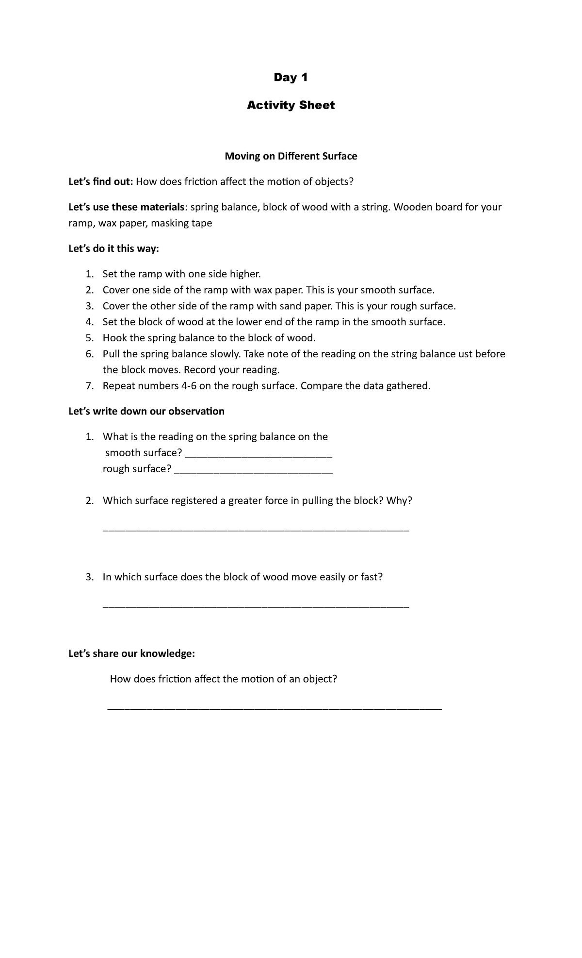 Experiment Activity Sheet on Friction: Understanding Forces and Motion ...