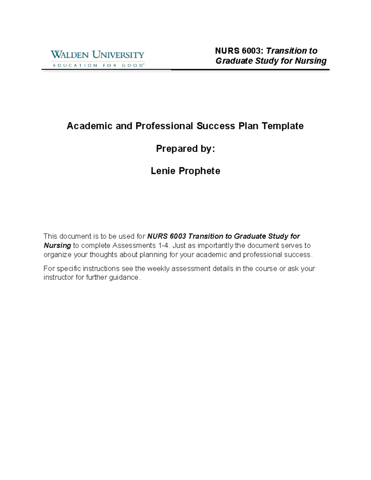NURS 6003: Academic & Professional Success Plan Template by Lenie ...