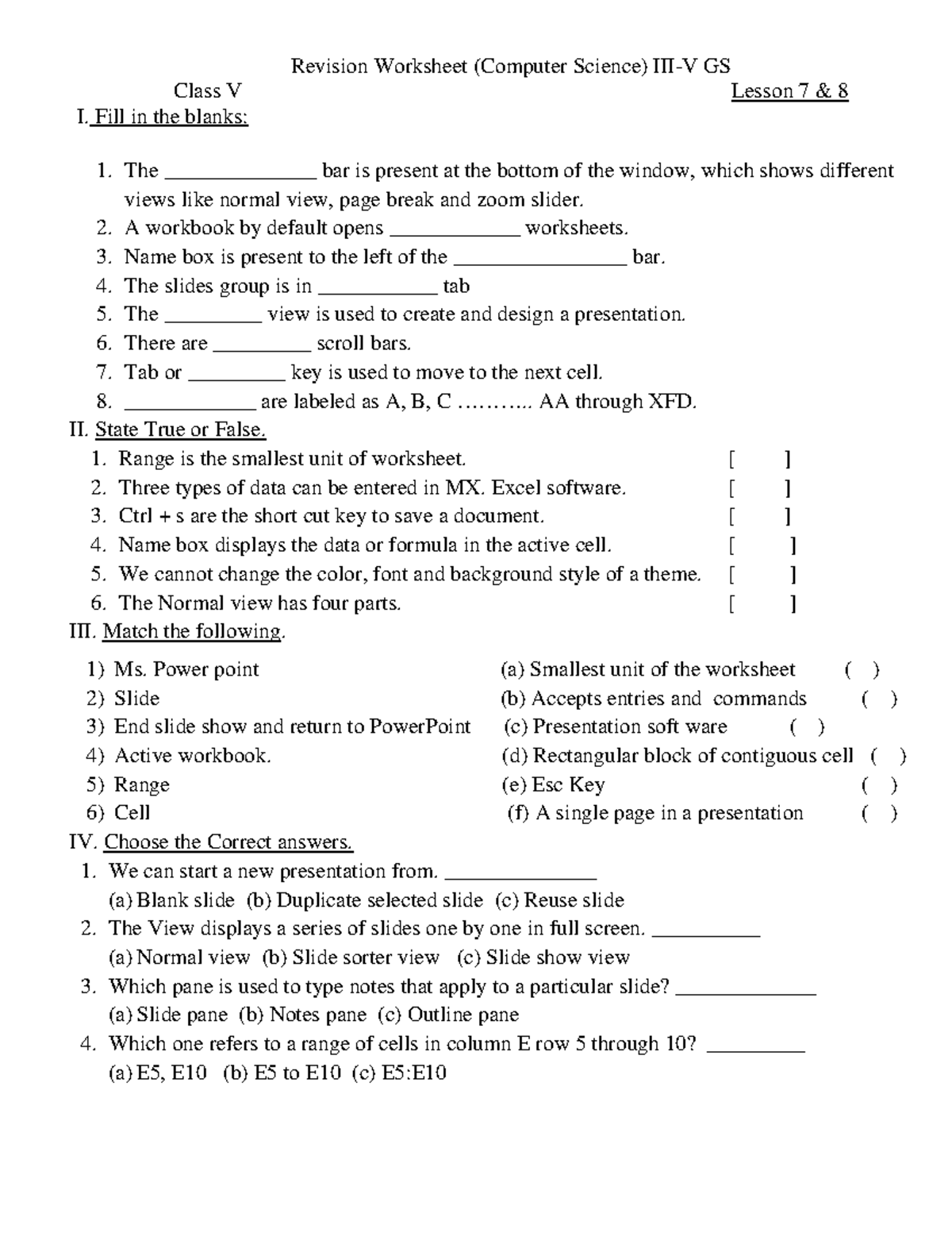 CBSE Class 5 Computer Science Worksheet (4) - Revision Worksheet ...