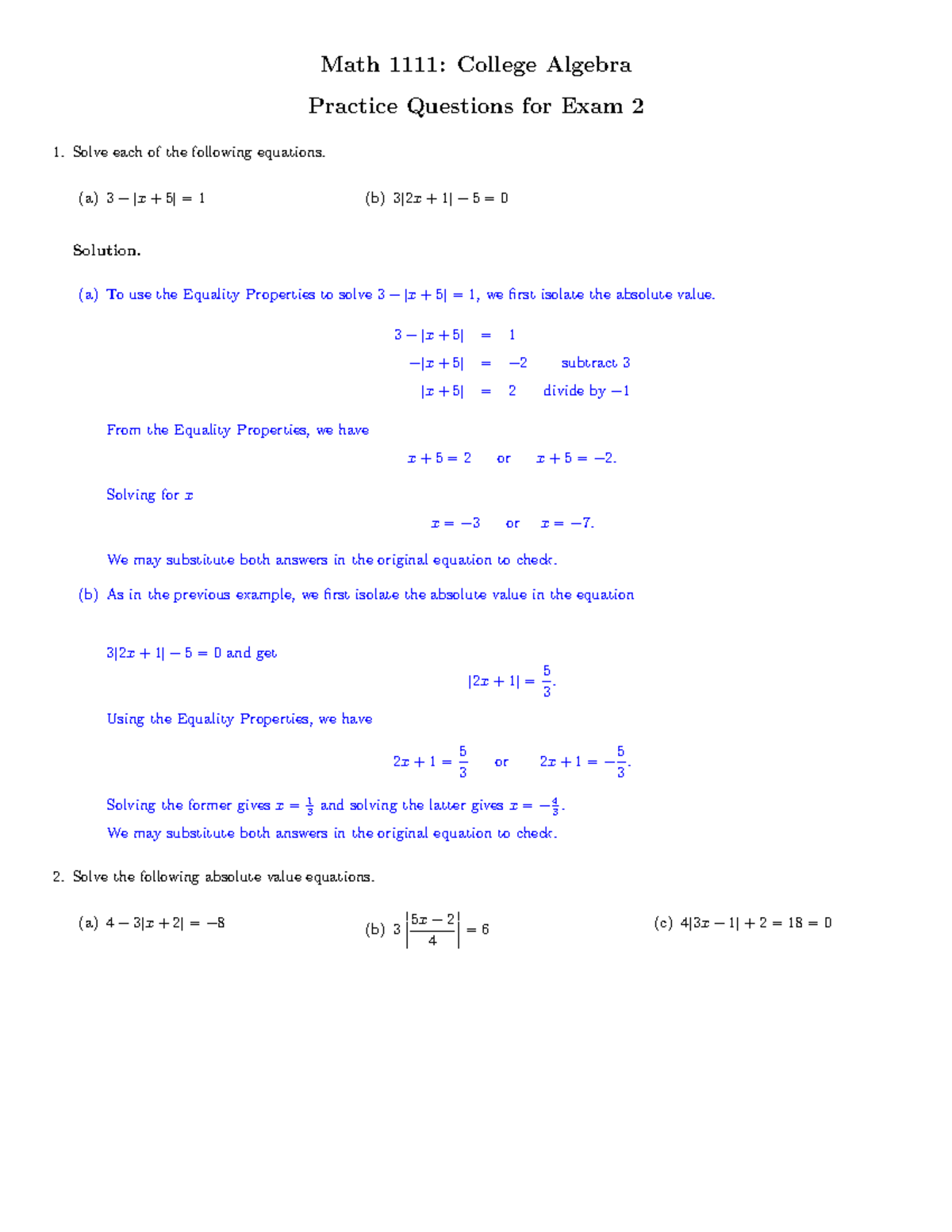 Math 1111: Final Exam Practice Questions for Algebra Review - Studocu