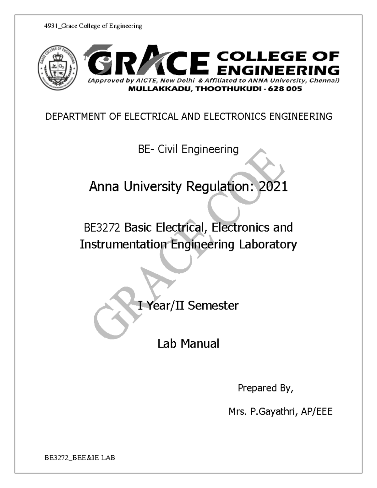 BE3272 Civil Engineering Basic Electrical, Electronics & Instrumentation Lab - Studocu