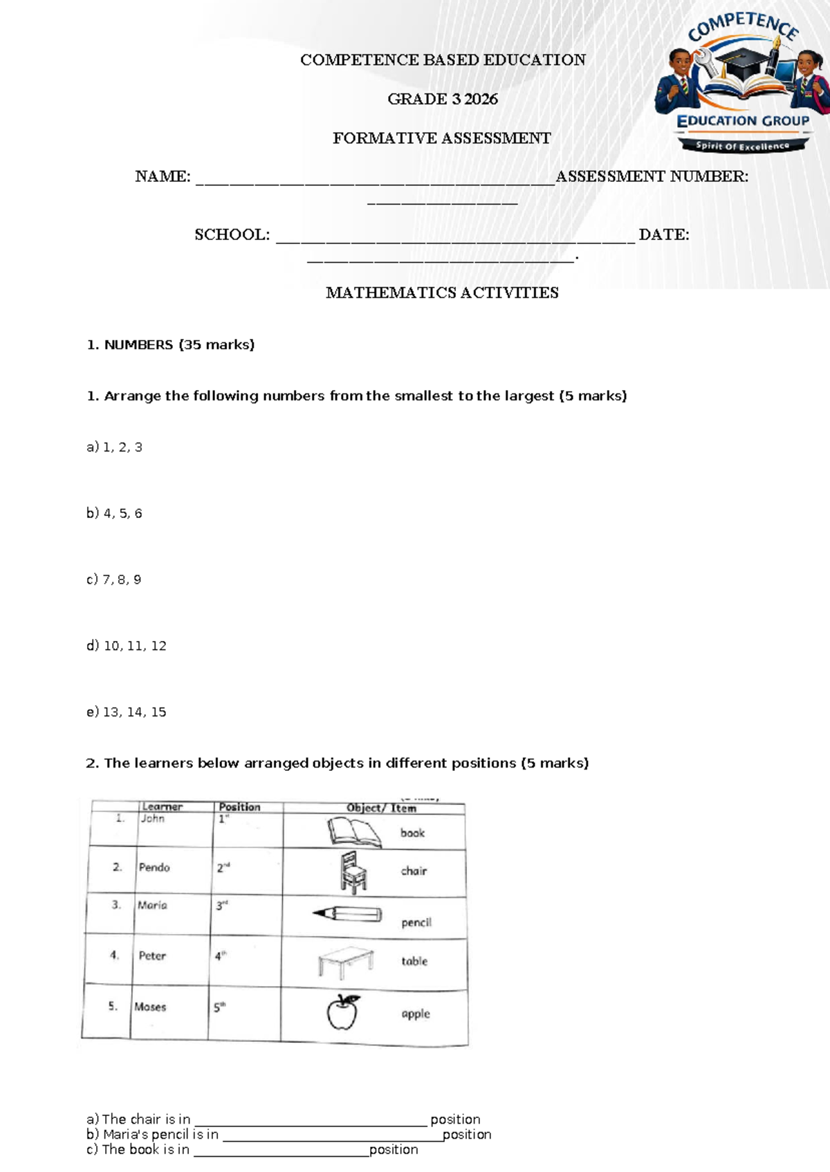 Grade 3 Mathematics 2026 Formative Assessment Activities - Studocu