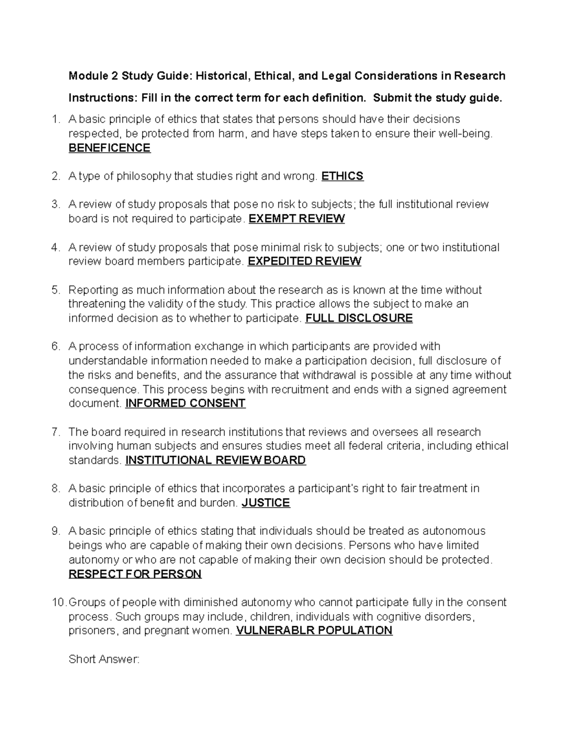 NUR 4310 Module 2 Study Guide-DONE - Module 2 Study Guide: Historical ...