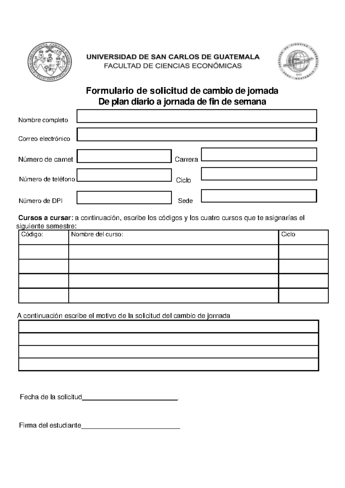 Formulario de Solicitud de Cambio a Fin de Semana 20261 - Studocu