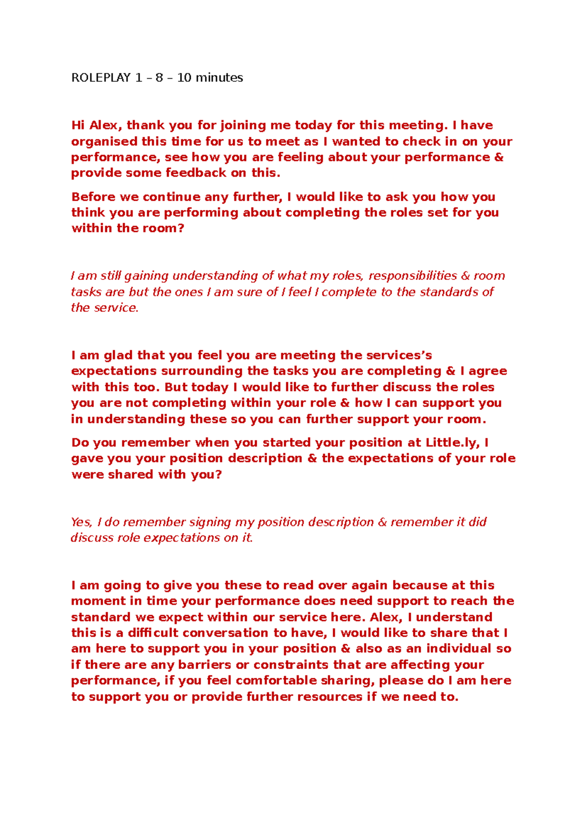 ROLEPLAY 1: Performance Check-In Meeting with Alex - Studocu