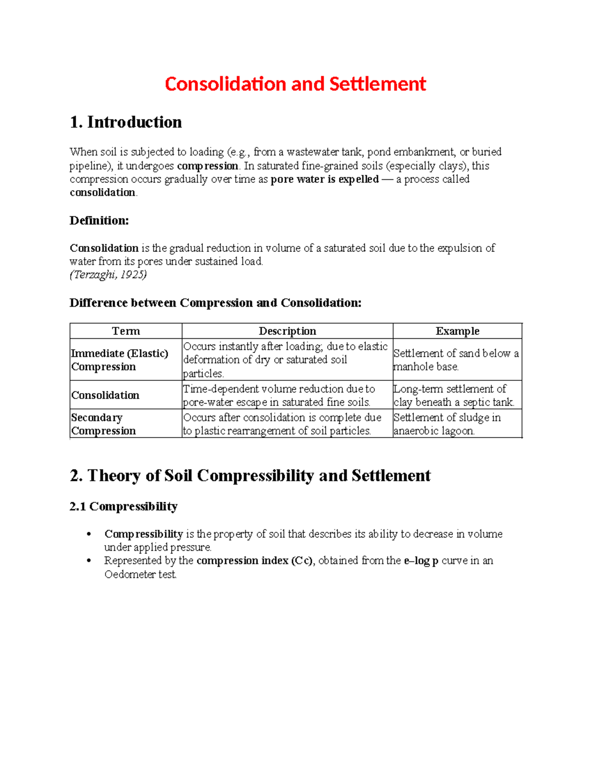 Consolidation and Settlement Study Notes (ENGR 301) - Studocu