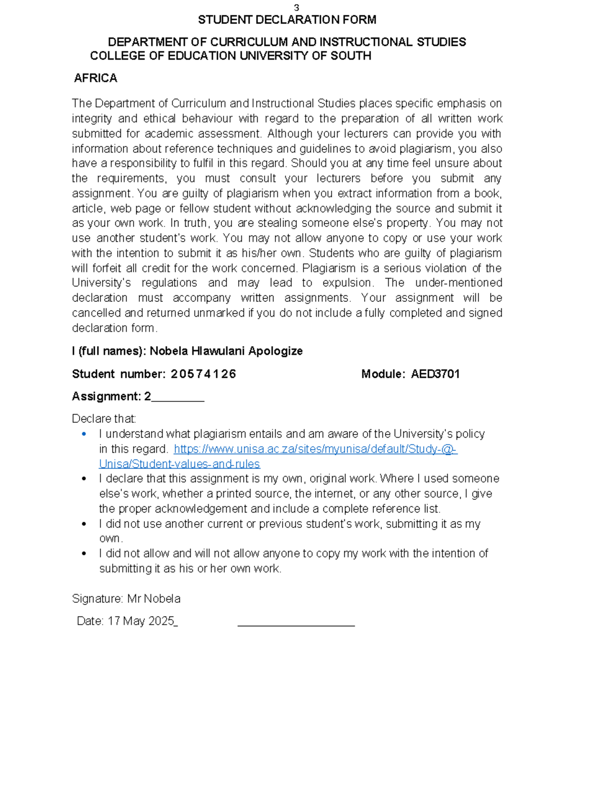 AED3701 Student Declaration Form on Plagiarism and Integrity - Studocu