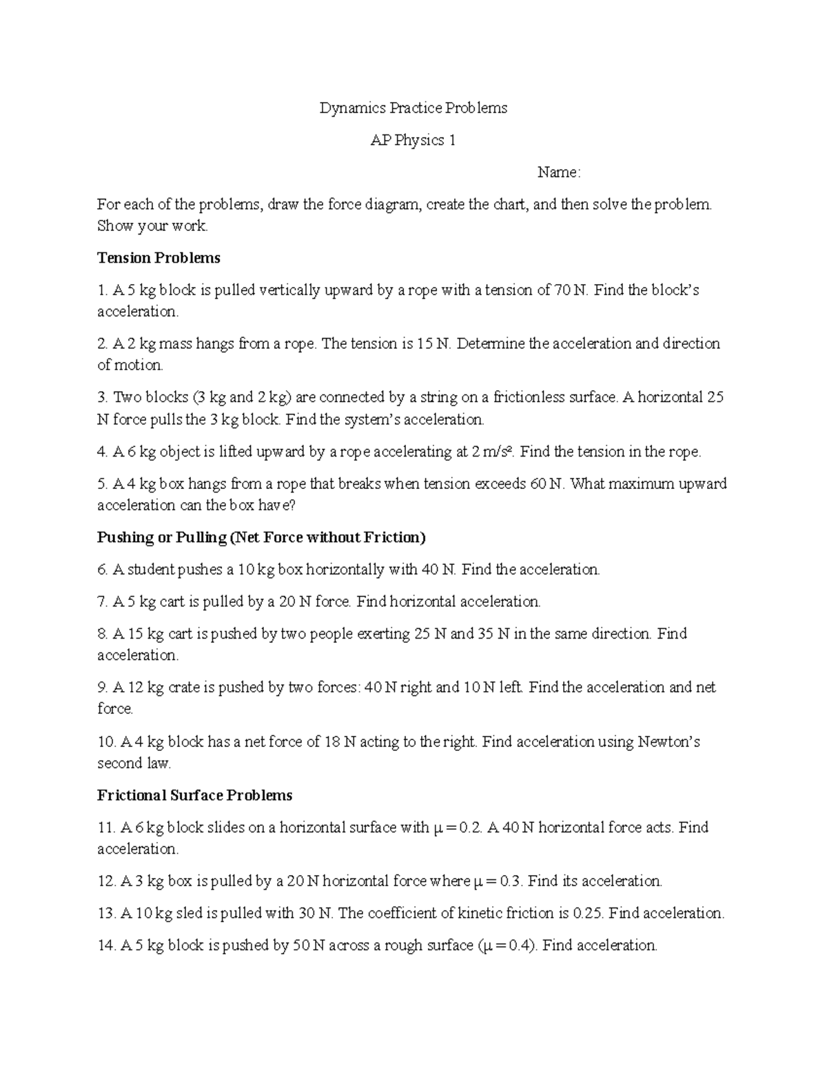 1D Dynamics Practice Problems AP Physics 1 - Studocu