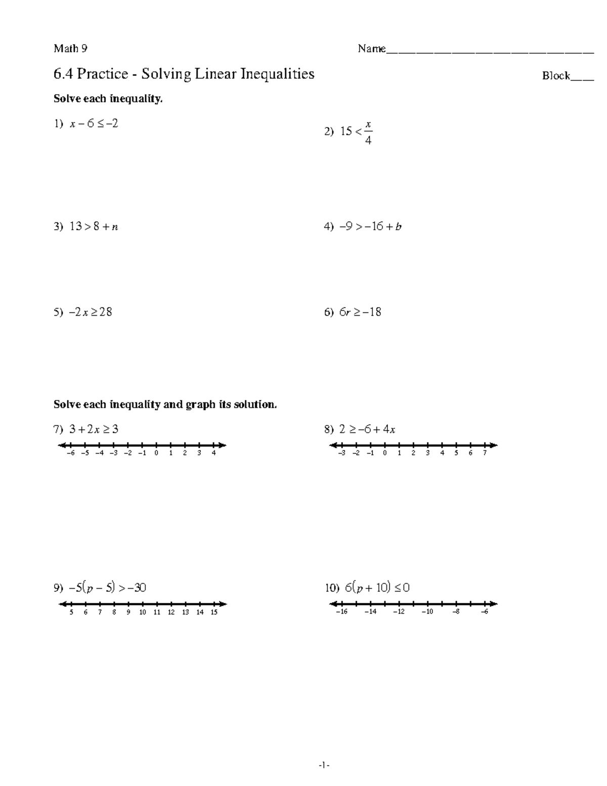 Math 9 Final Exam: Practice Solving Linear Inequalities - Studocu