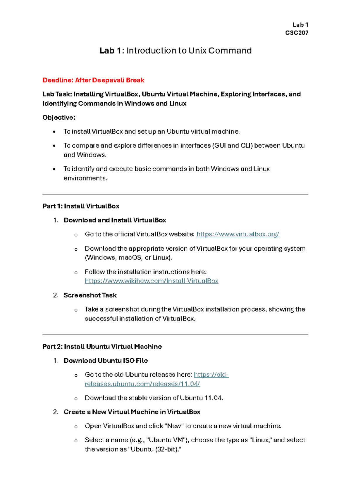 Lab 1 Introduction to Unix Command - Lab 1 CSC Lab 1: Introduction to Unix Command Deadline ...