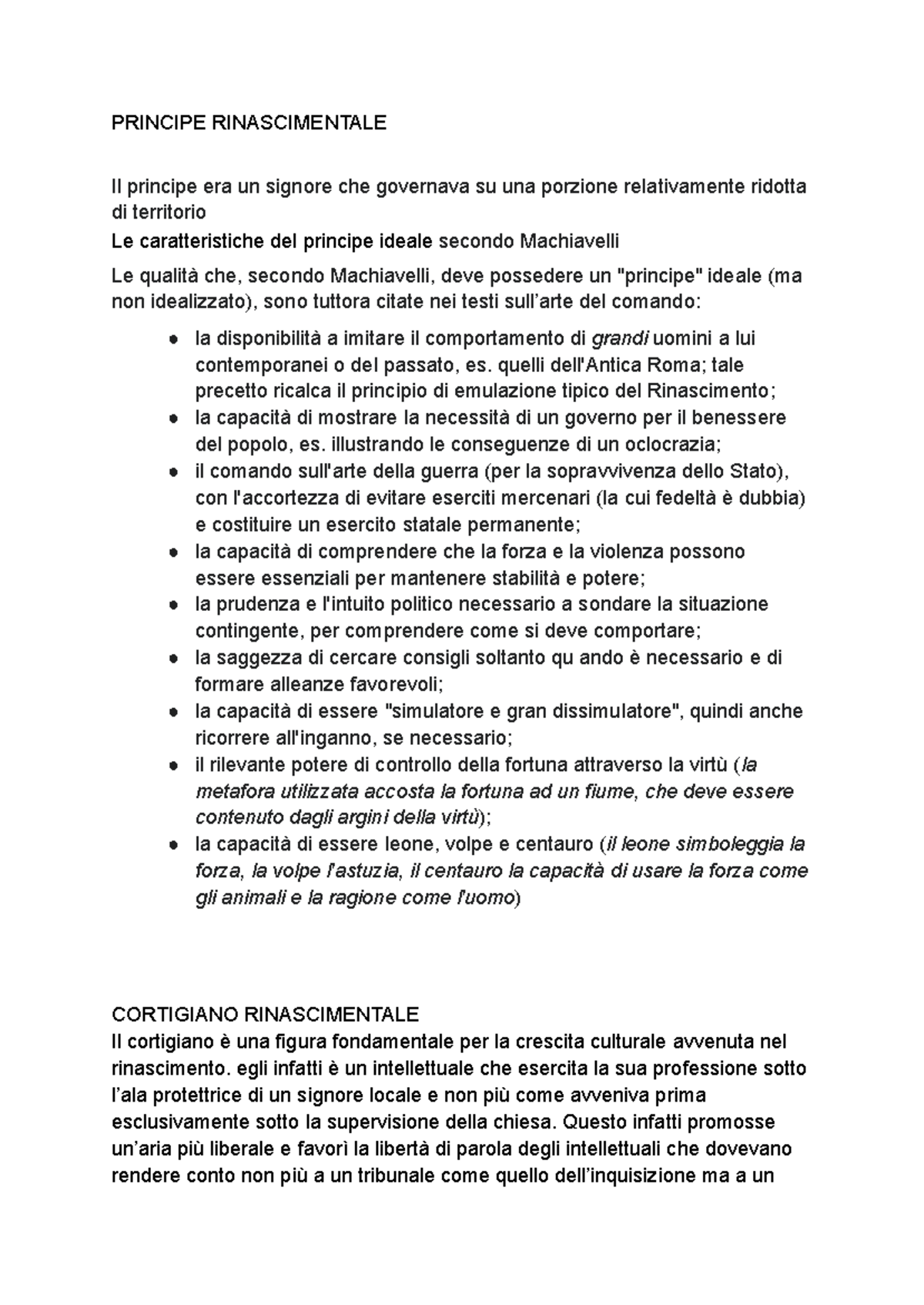 PRINCIPE RINASCIMENTALE E RIFLESSIONI SU MACHIAVELLI - Studocu