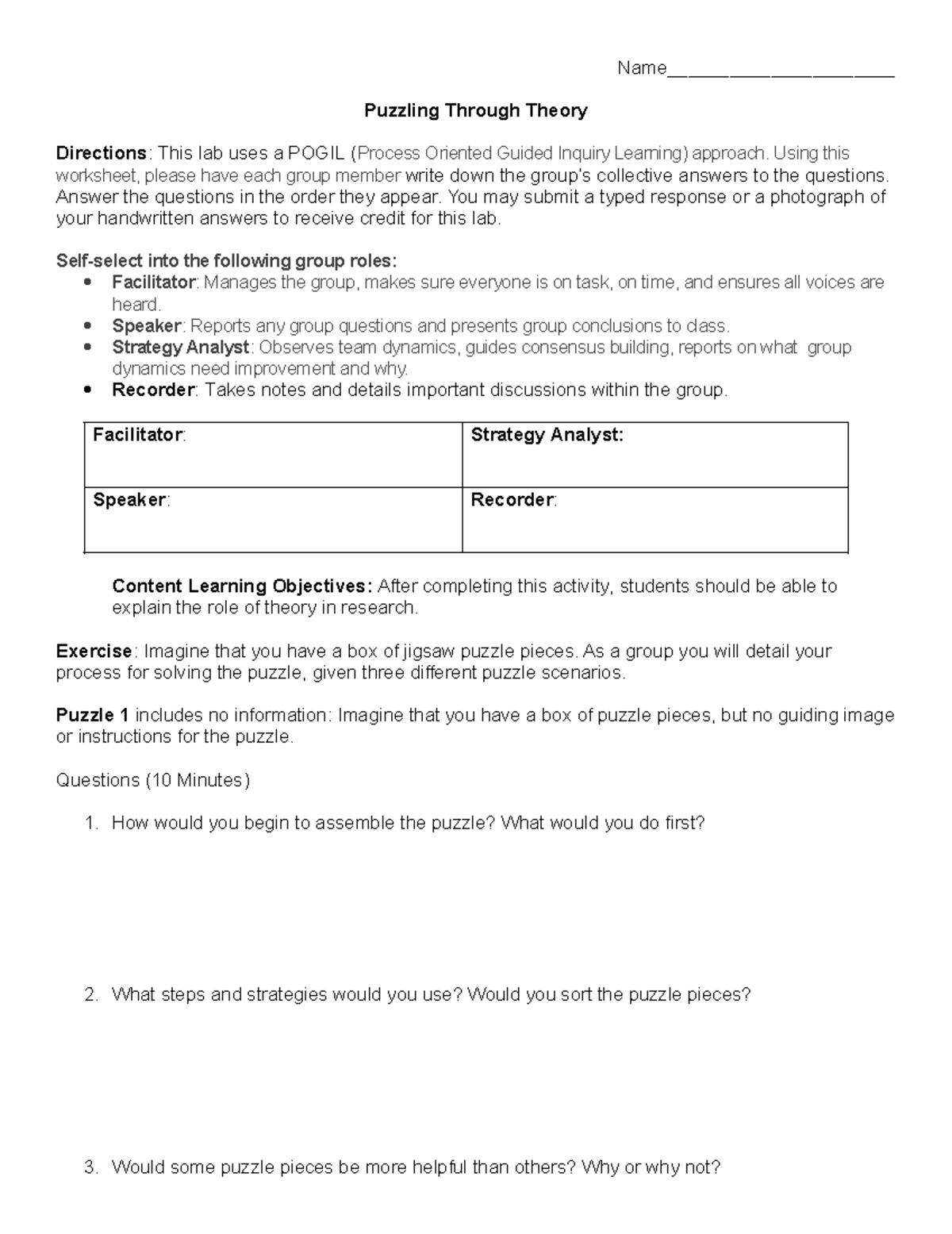 Puzzling Through Theory: POGIL Lab Directions and Insights - Studocu