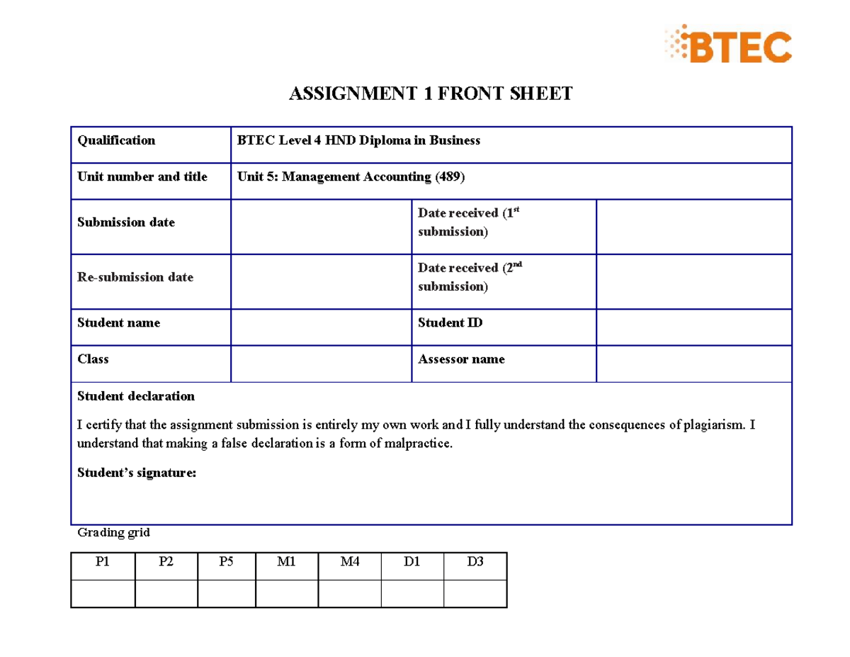 489 Assignment 1 Frontsheet - Quan Tri Kinh doanh - FPT - Studocu