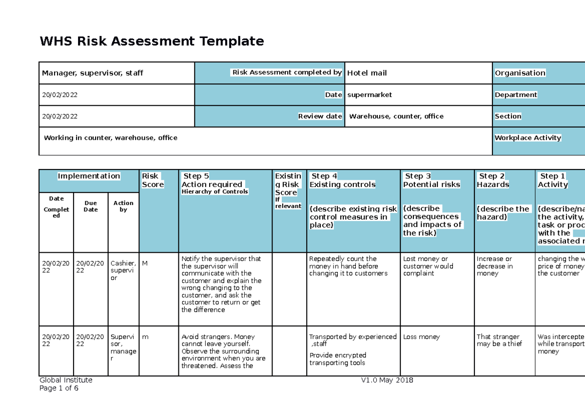 Risk Assessment Template Situation 2 - WHS Risk Assessment Template ...