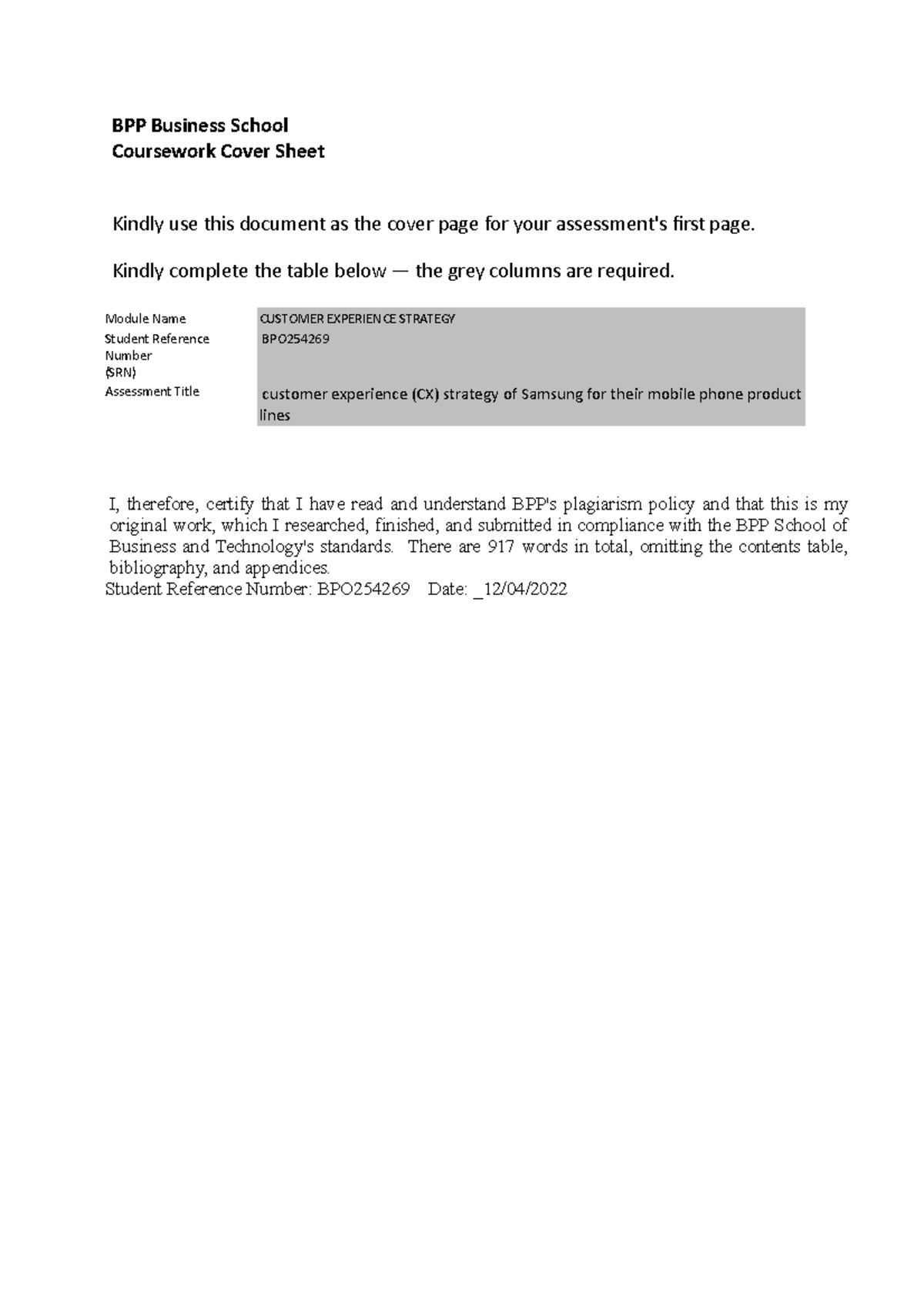 Customer Experience - fvghgvvb b - BPP Business School Coursework Cover Sheet Kindly use this ...