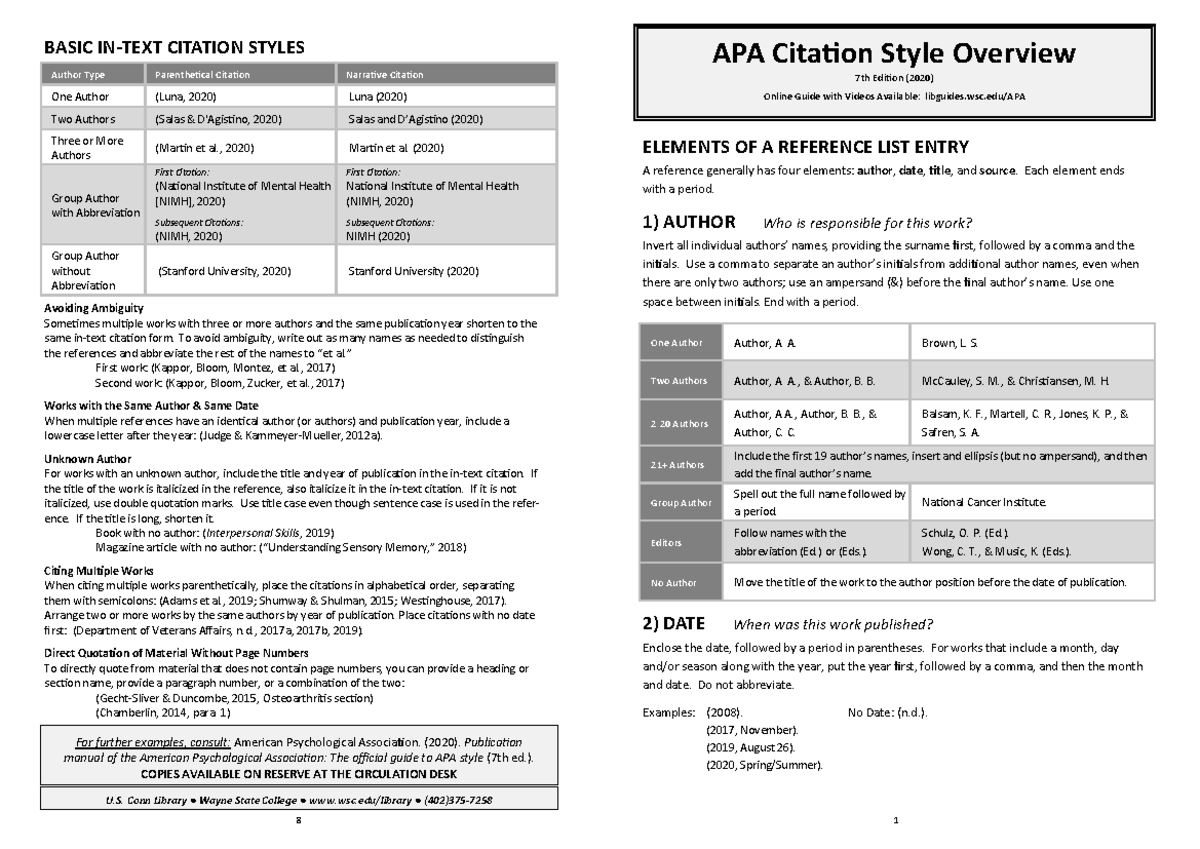 APA Citation Style Overview 7th Edition 2020 - BASIC IN-TEXT CITATION ...