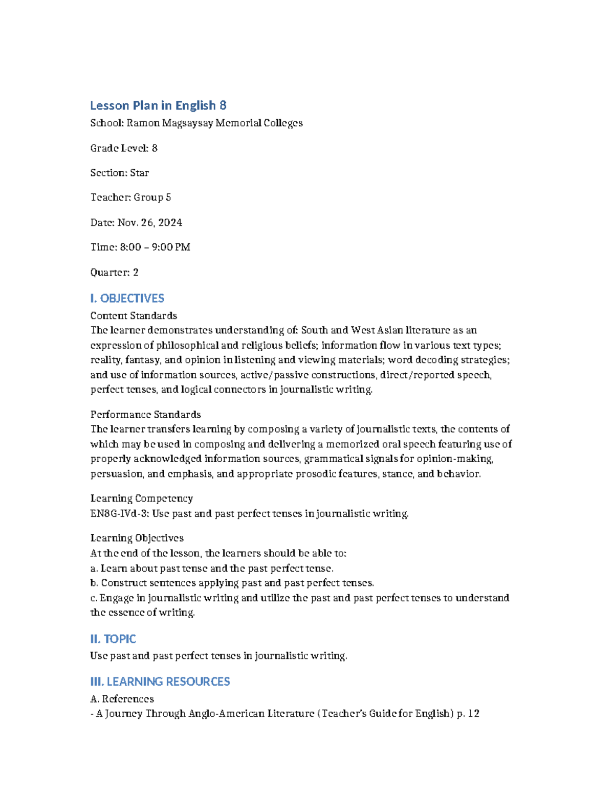 Lesson Plan: Past and Past Perfect Tenses - English 8 - Studocu