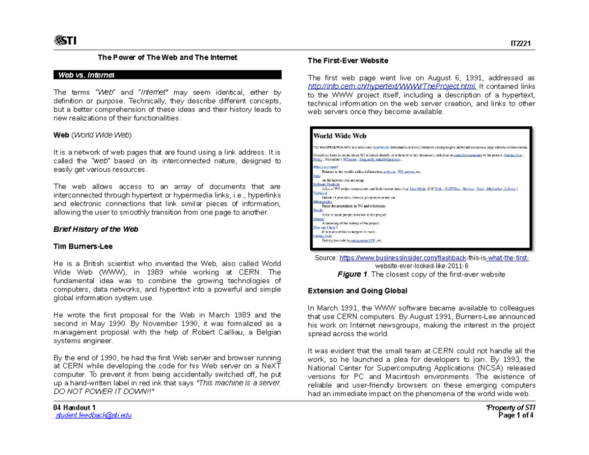 04 Handout 1: Understanding the Web vs. Internet Concepts and History ...