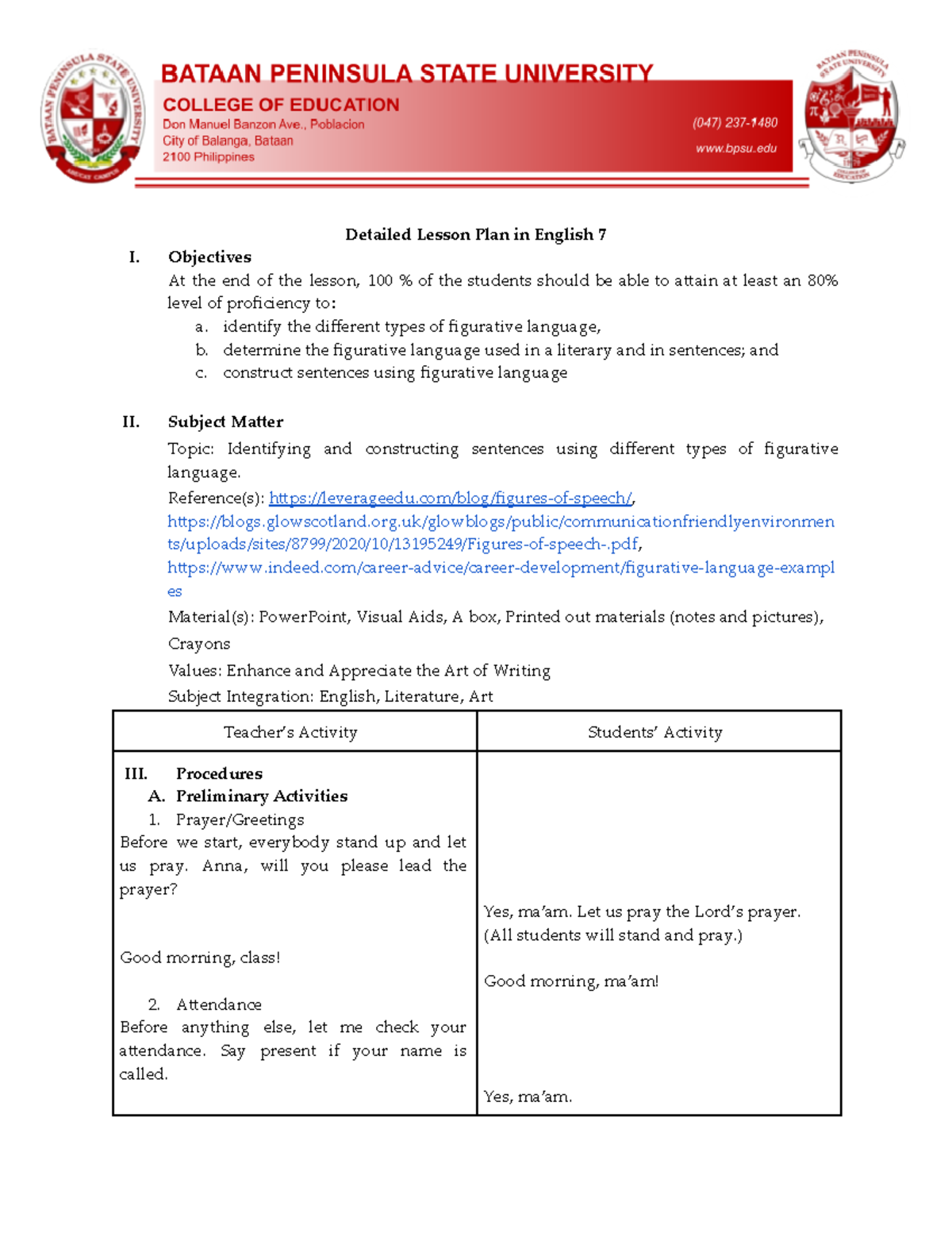 Figurative Language Lesson Plan for English 7 - Studocu