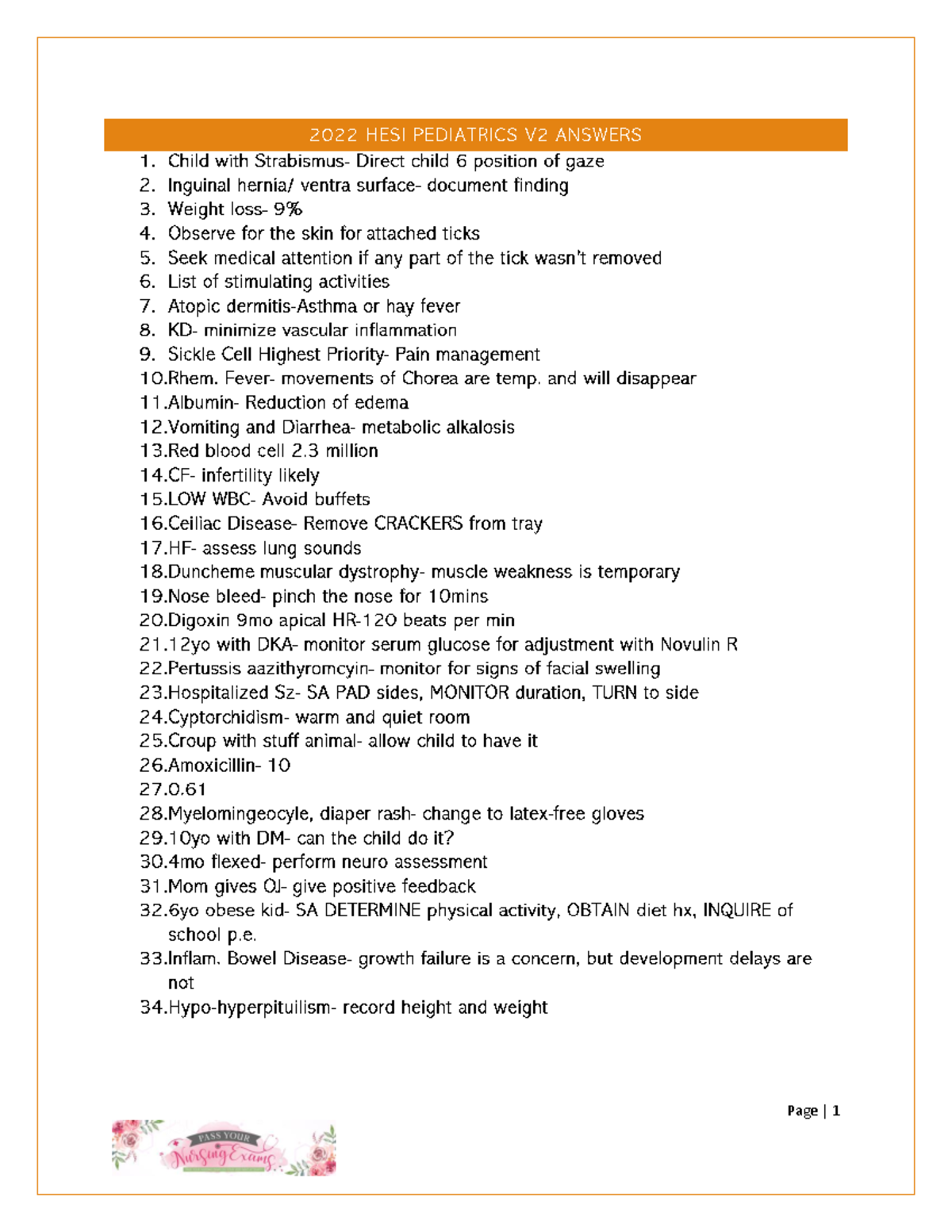 2022 HESI PEDIATRICS V2: 34 Key Questions & Answers Summary - Studocu