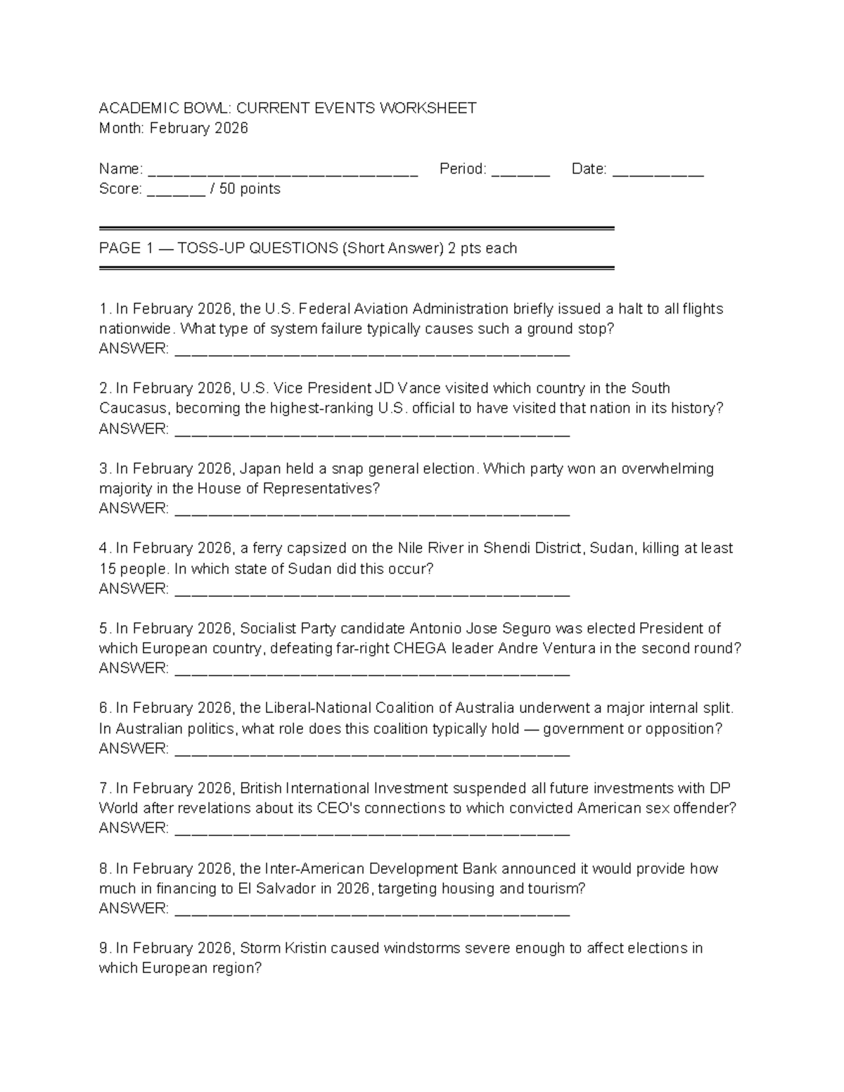 Academic Bowl: Current Events Worksheet - Feb 2026 - Studocu