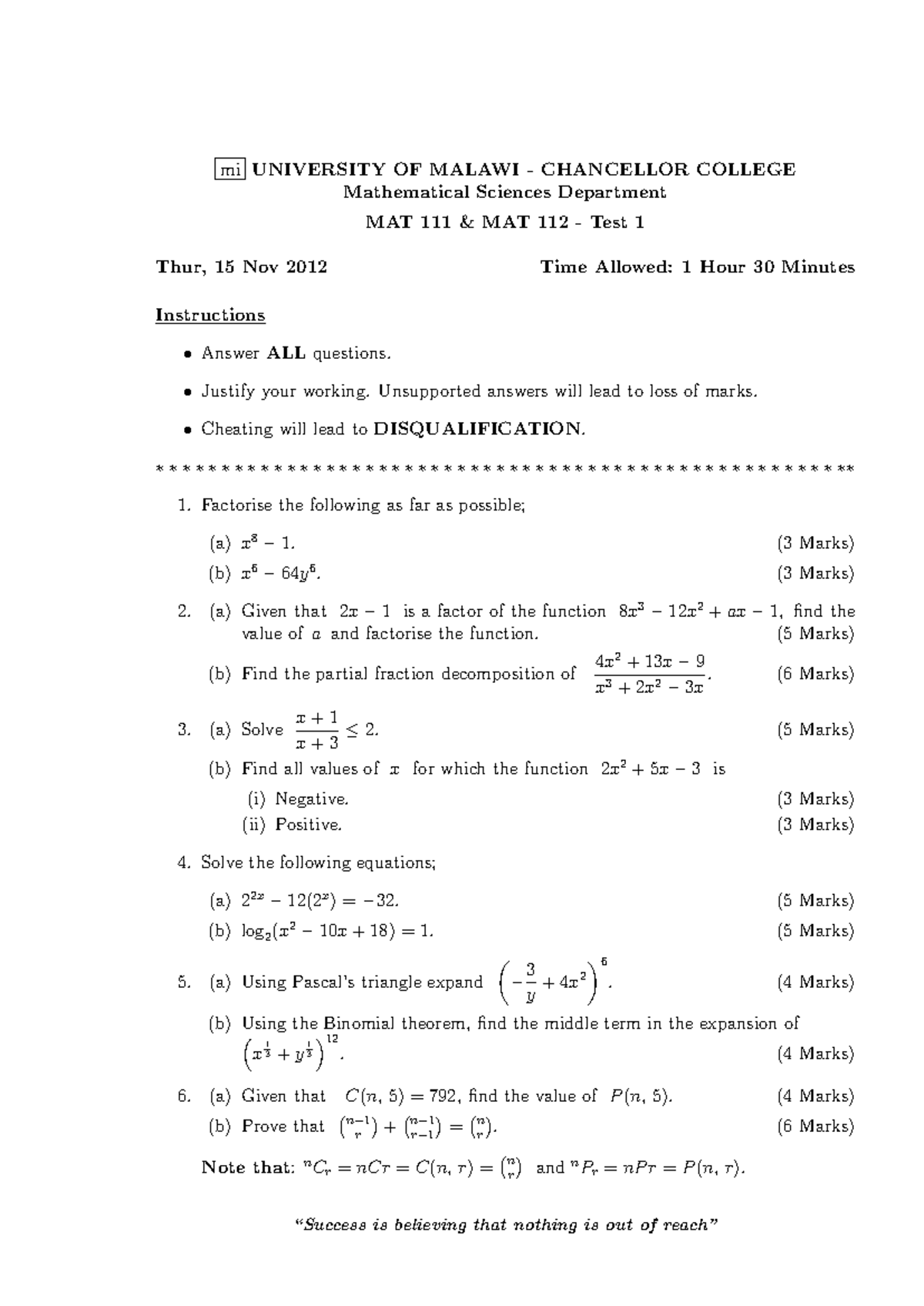 MAT MAT 112 Test 1 - Factorization and Functions Exam Questions - Studocu