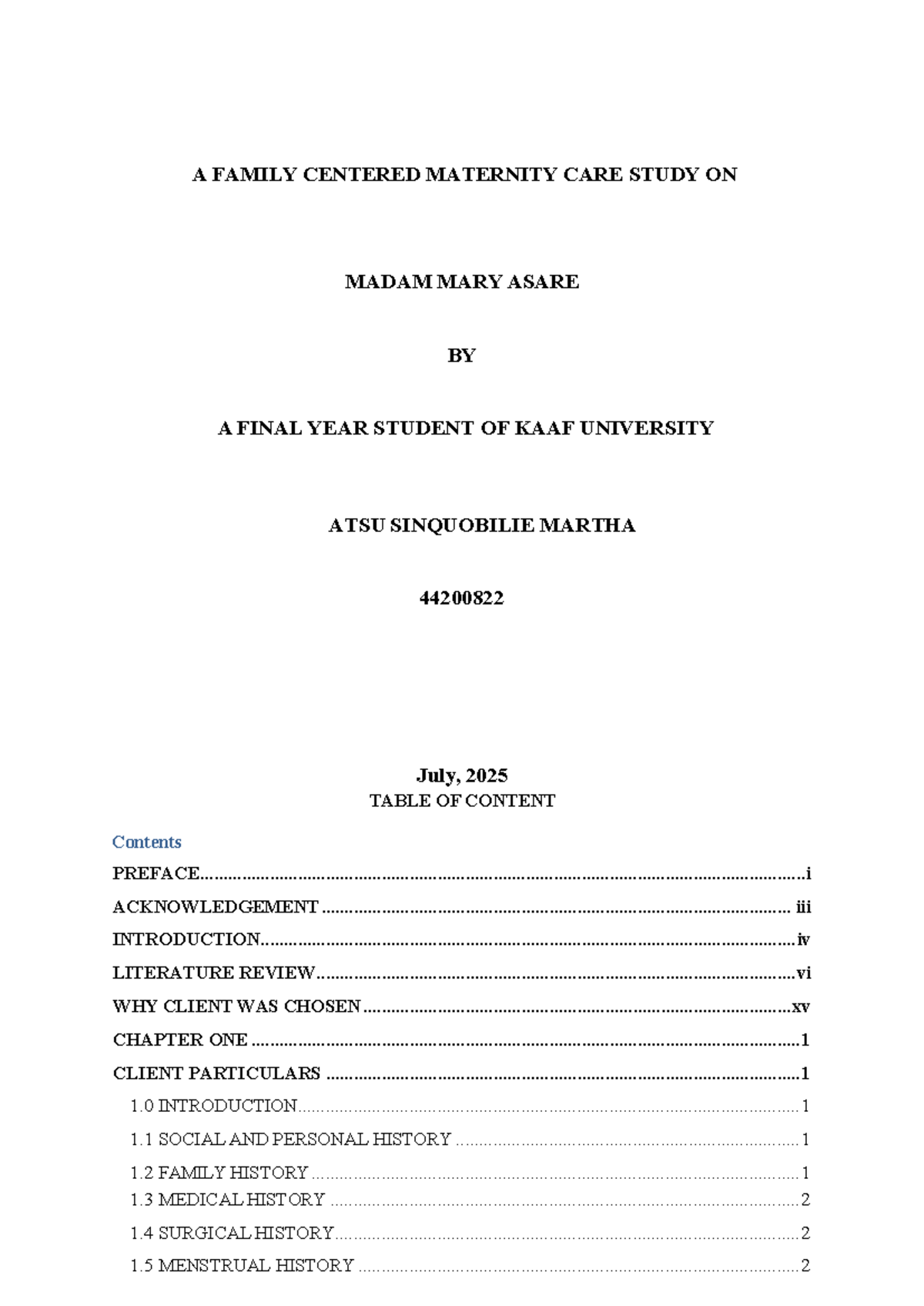 Family-Centered Maternity Care Study: Madam Mary Asare - Final Year ...