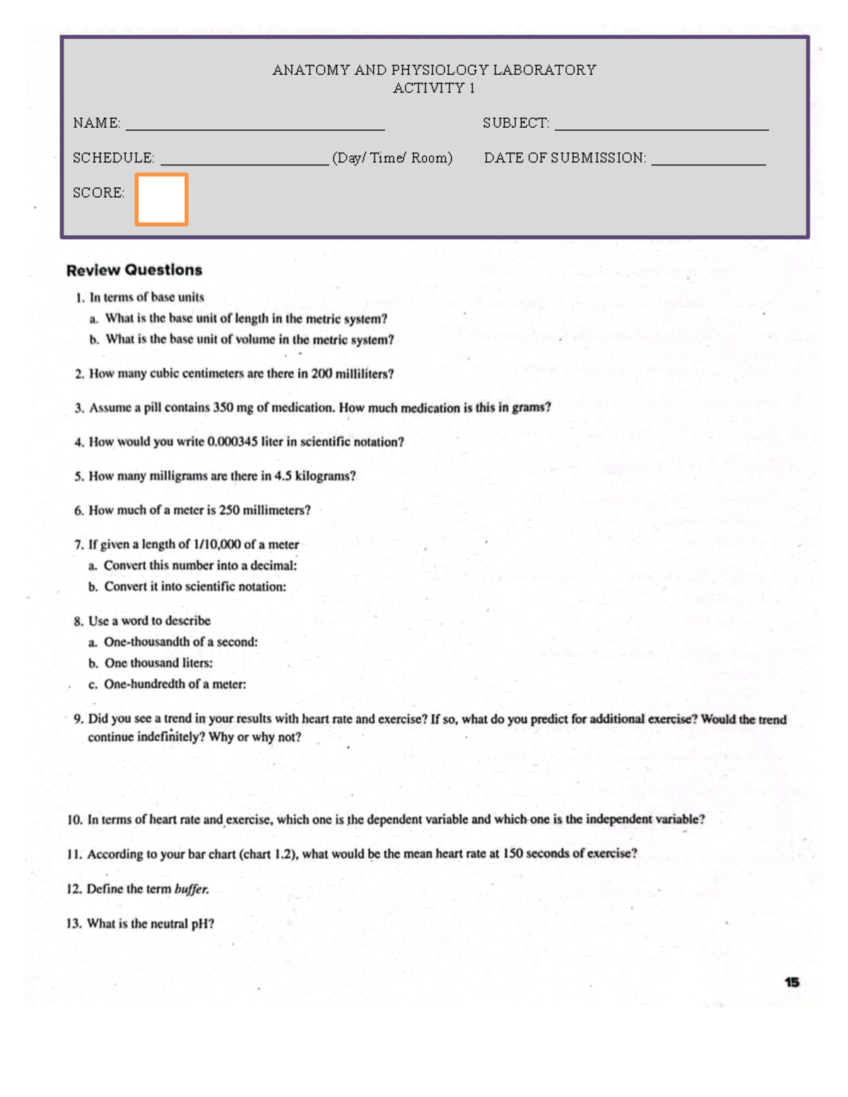 Human Anatomy and Physiology Lab - Name : __ Subject ...