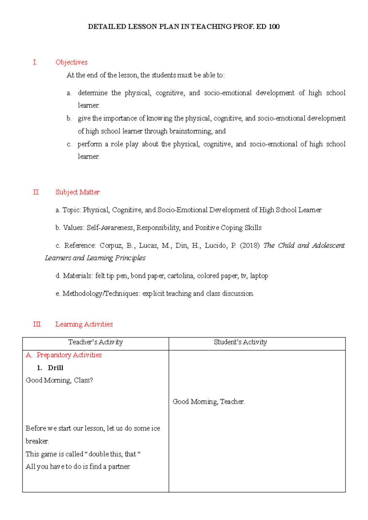 Professional Education 100: Detailed Lesson Plan on Learner Development ...