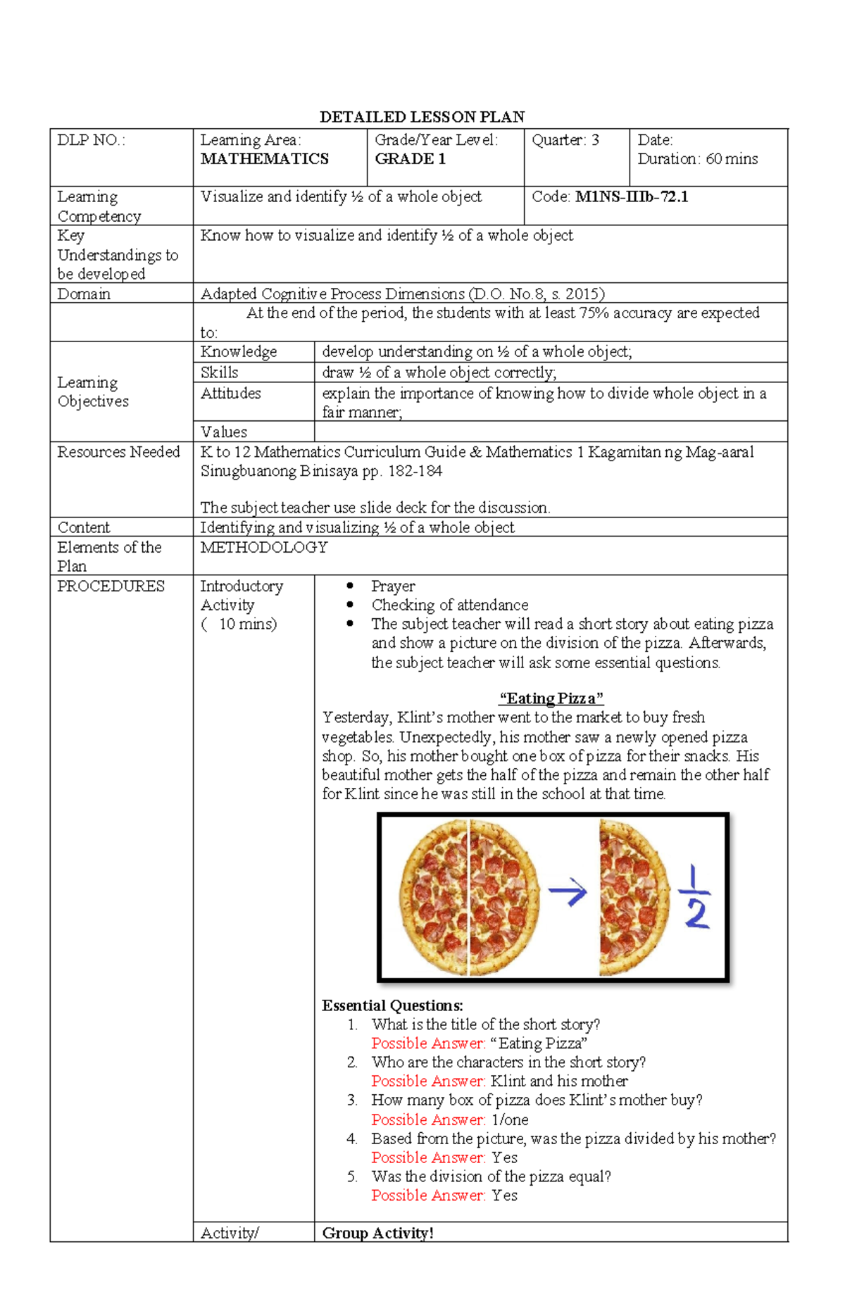 Final Lesson Plan for Math 1: Understanding ½ of a Whole Object - Studocu
