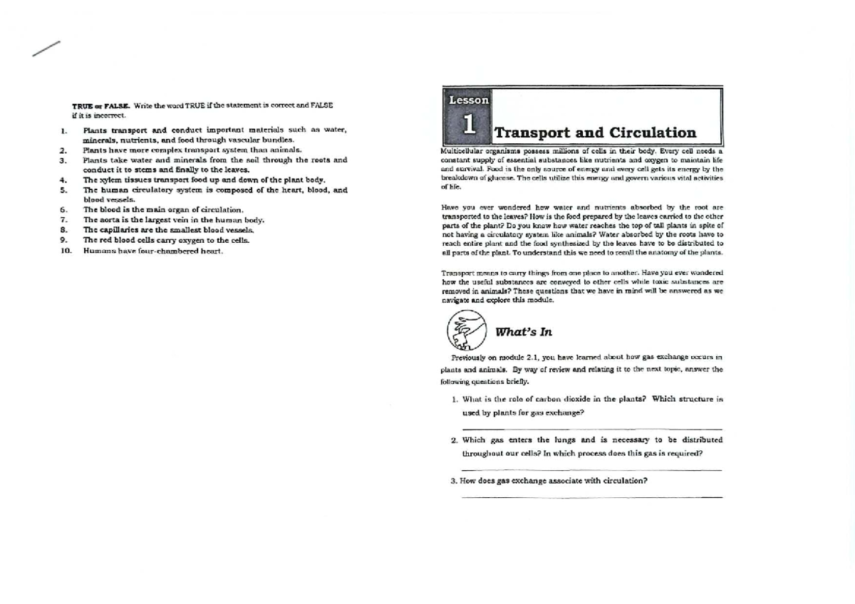Genbio Transport and Circulation: Lesson on Plants and Animals - Studocu