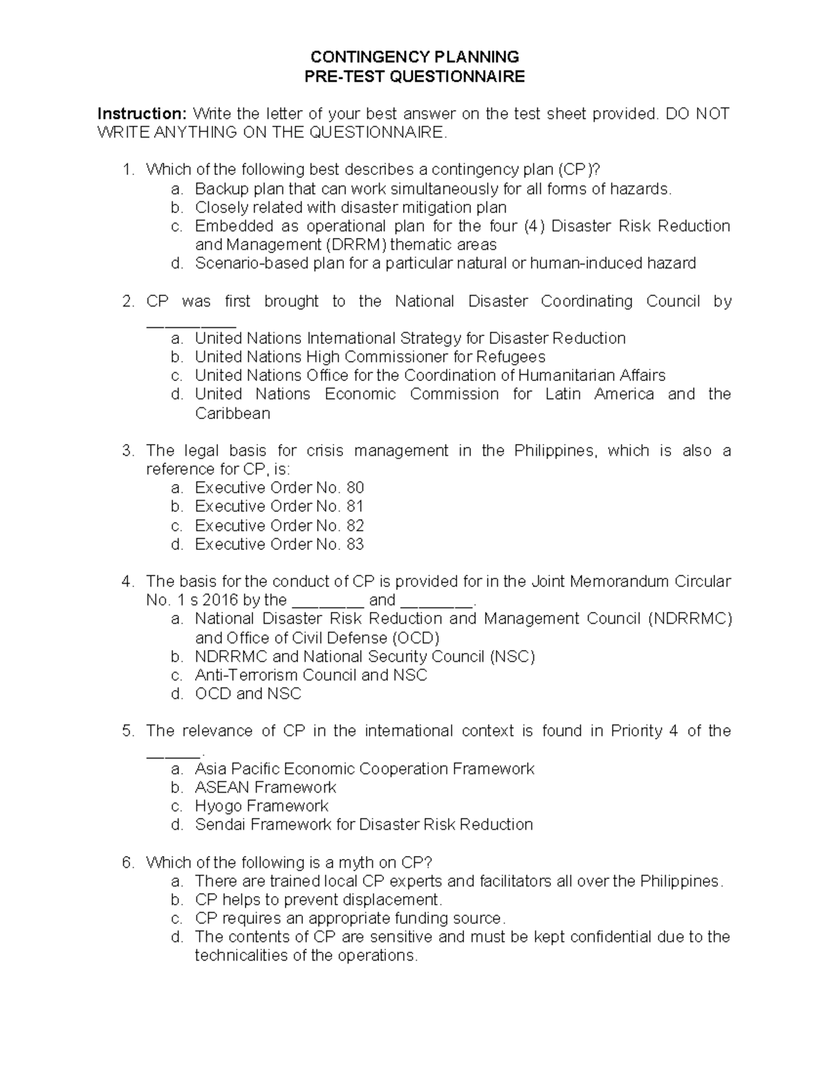 Pre-Test Questionnaire 1: Contingency Planning Insights - Studocu