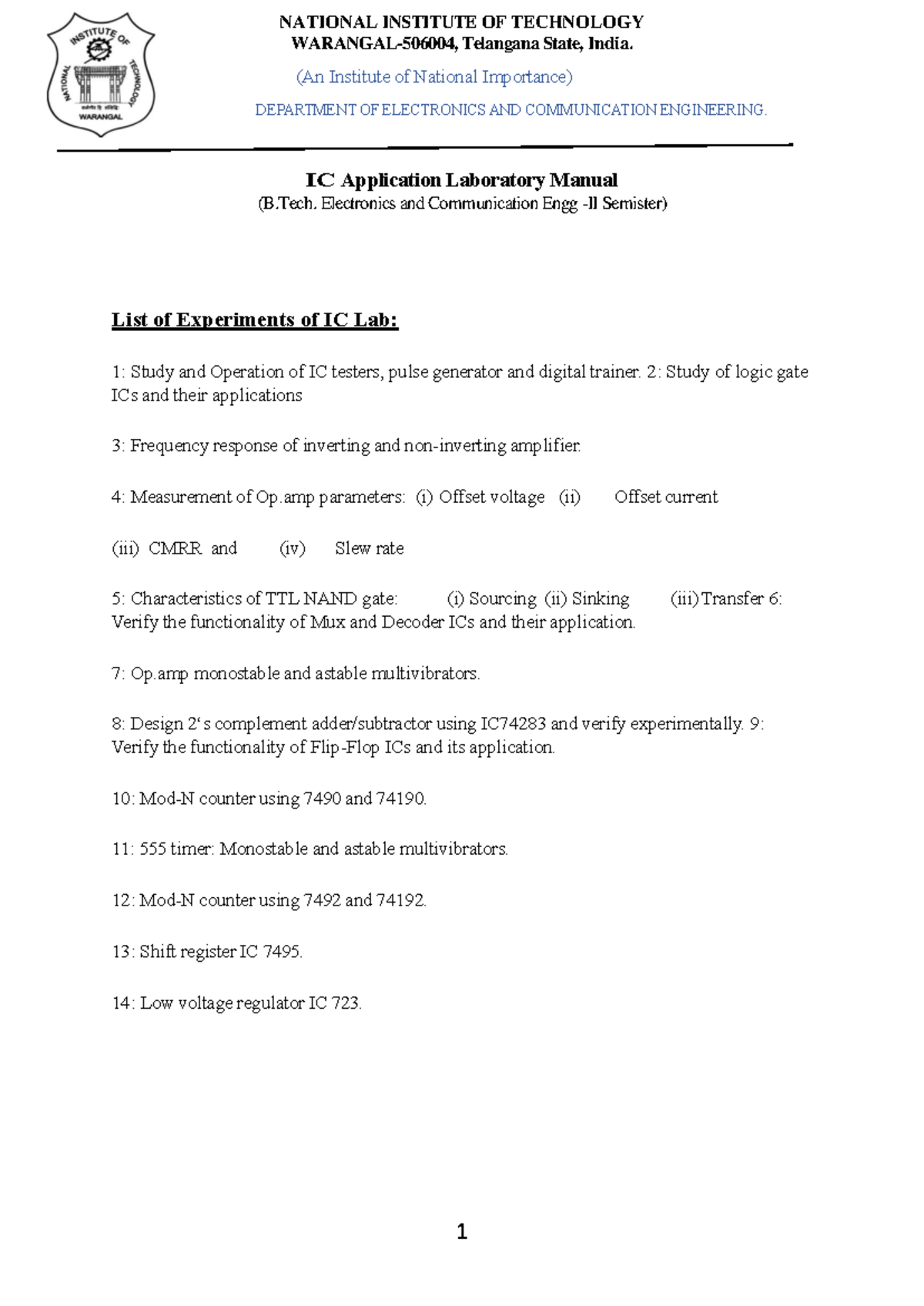 IC Lab Manual (B.Tech. ECE Sem 1) - Experiments and Procedures - Studocu