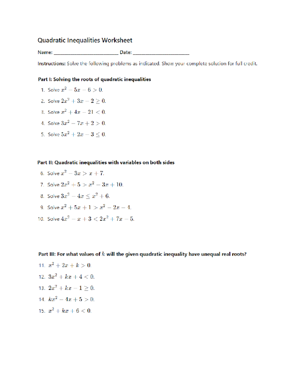 MATH Worksheet 1 - Assignment for quadratic function - Quadratic Inequalities Worksheet Name ...