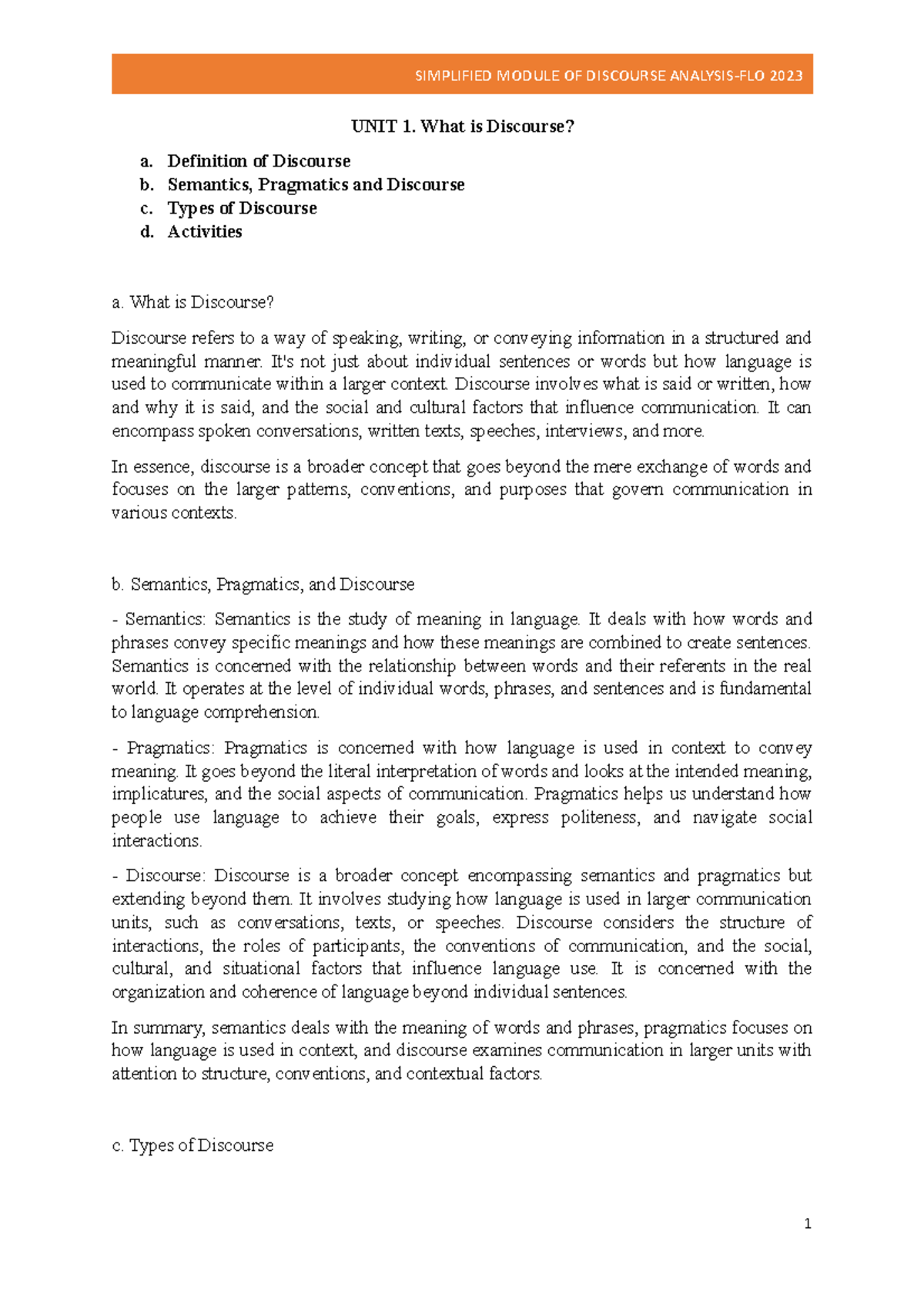 Simplified Module OF Discourse Analysis-FLO 2023 - UNIT 1. What is ...