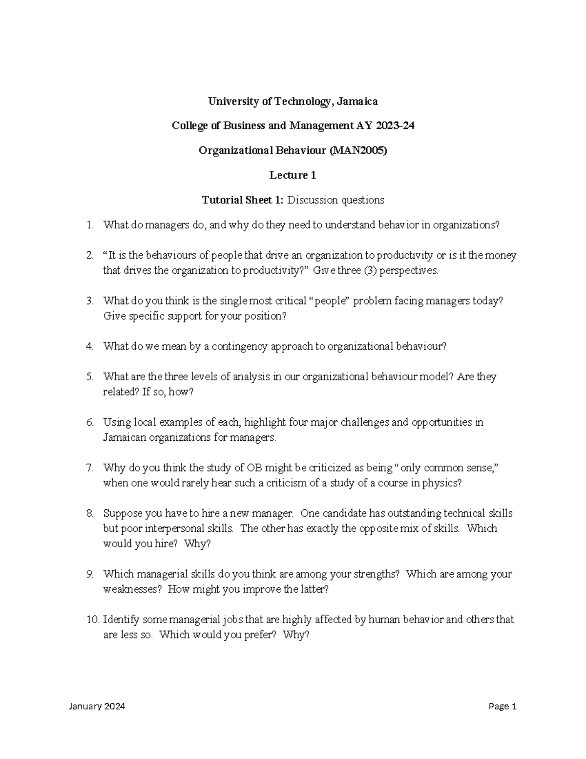 MAN2005 Organizational Behaviour Tutorial Sheet 1: Key Discussion Questions - Studocu