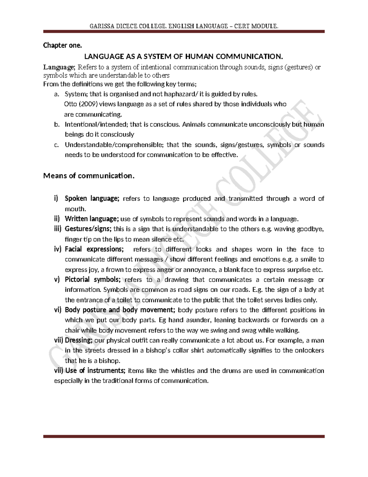 GARISSA DICECE COLLEGE. ENGLISH LANGUAGE CERT MODULE. Chapter 1 ...
