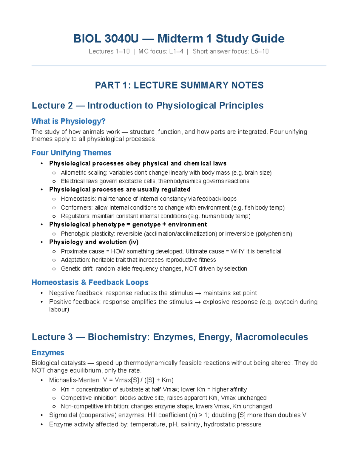 BIOL 3040U Midterm 1 Study Guide: Physiological Principles ...