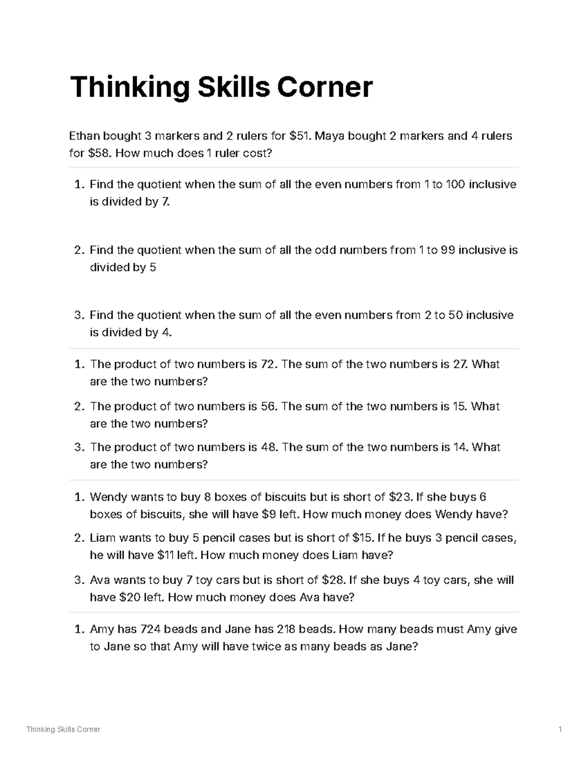 Grade 3 Math Practice: Thinking Skills Corner Exercises - Studocu