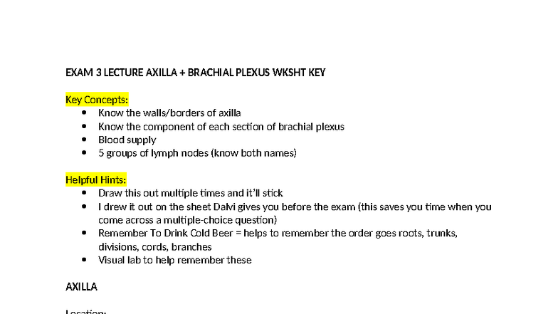 EXAM 3 LECTURE AXILLA & BRACHIAL PLEXUS WORKSHEET KEY - Studocu