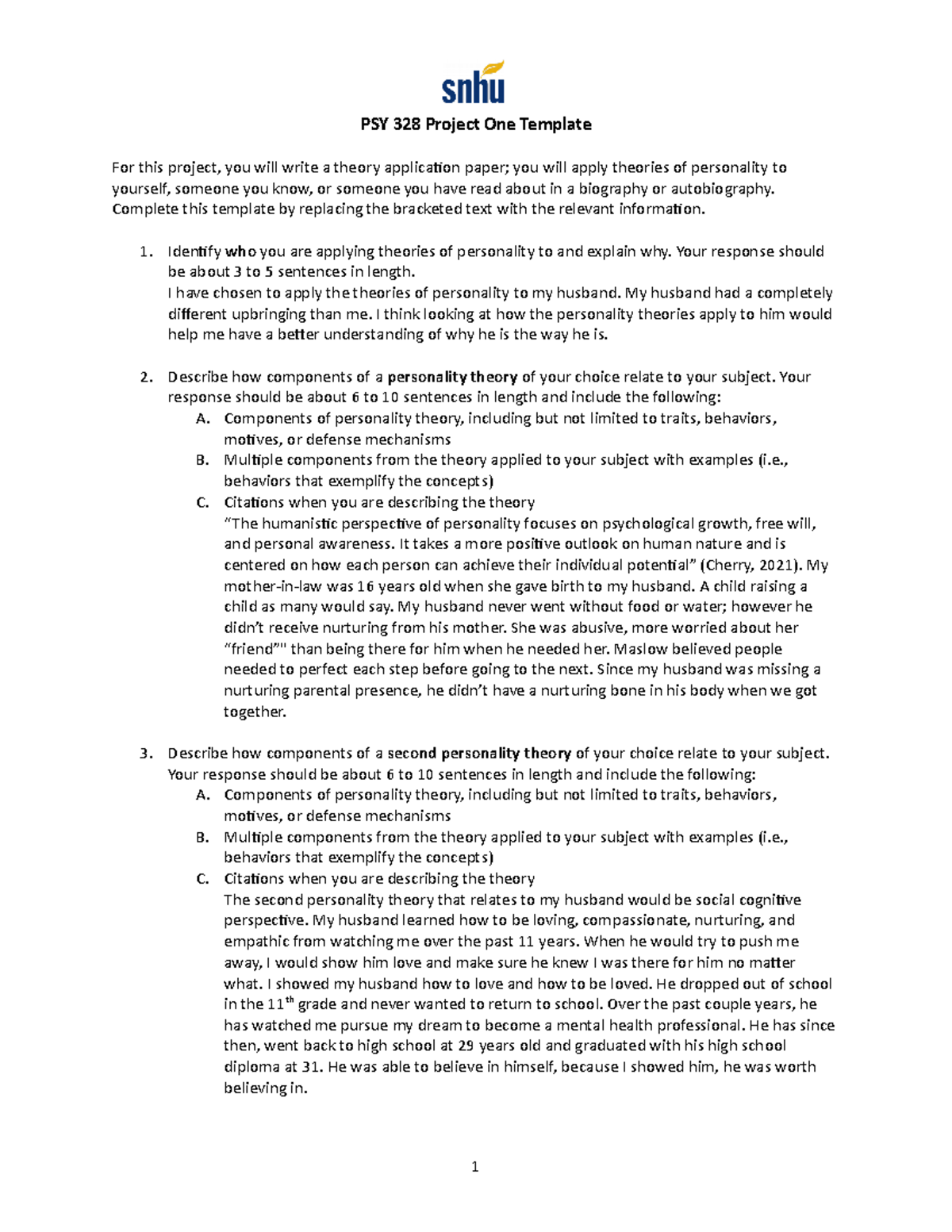 PSY 328 Theory Application Paper Project One Template - Studocu